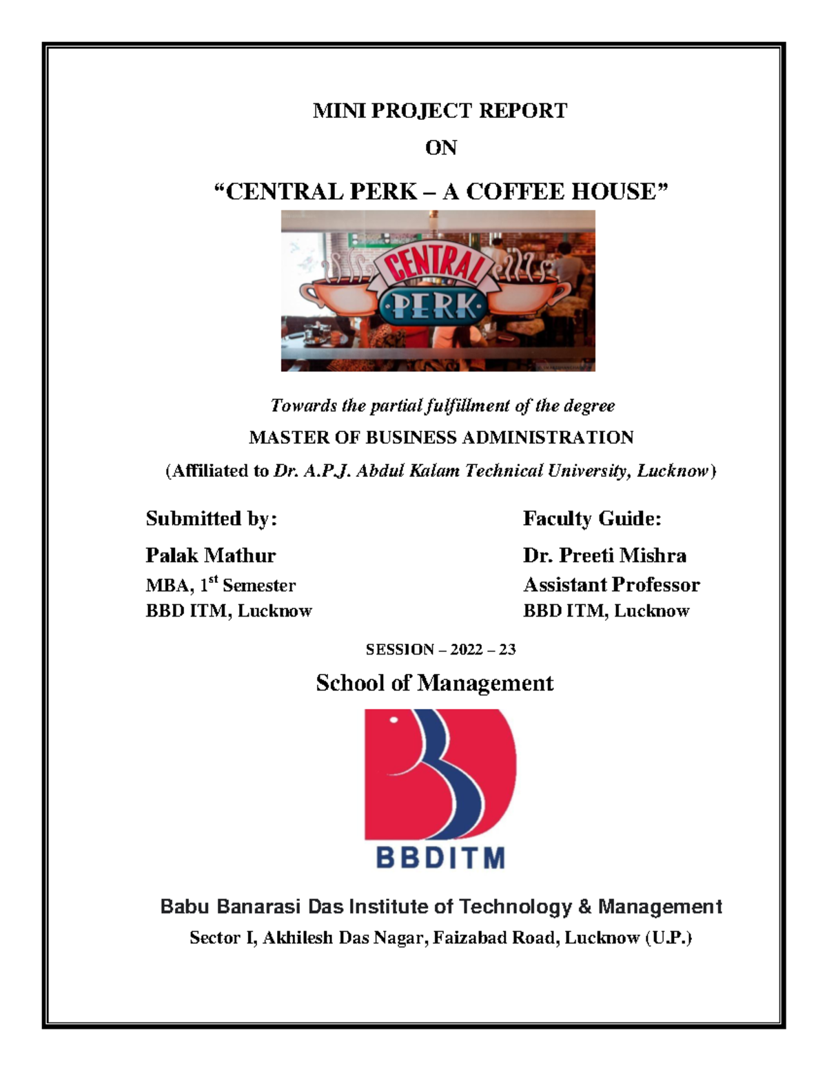 Central Park- Coffee House - MINI PROJECT REPORT ON “CENTRAL PERK – A ...