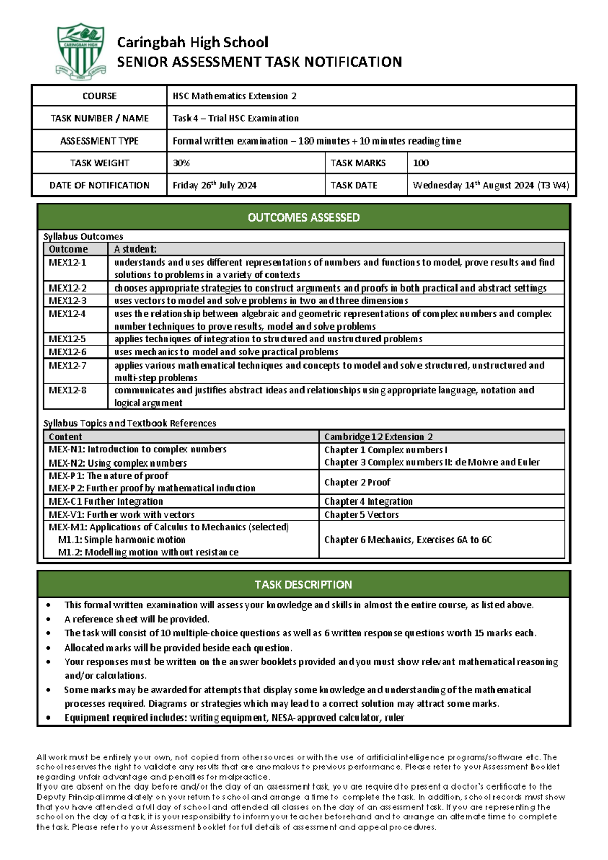 Caringbah High School HSC Mathematics Ext 2 Trial Exam 2024 - Studocu