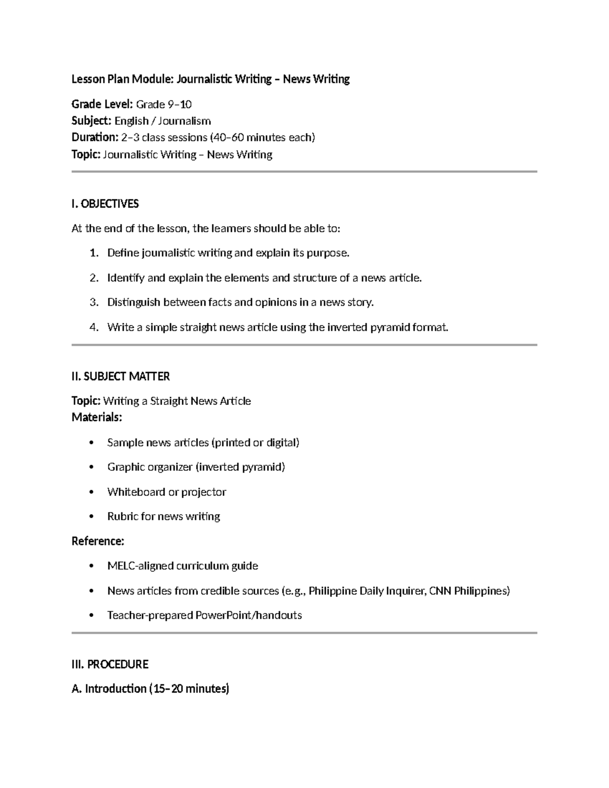 Lesson Plan Module: Journalistic Writing – News Writing (Grade 9) - Studocu