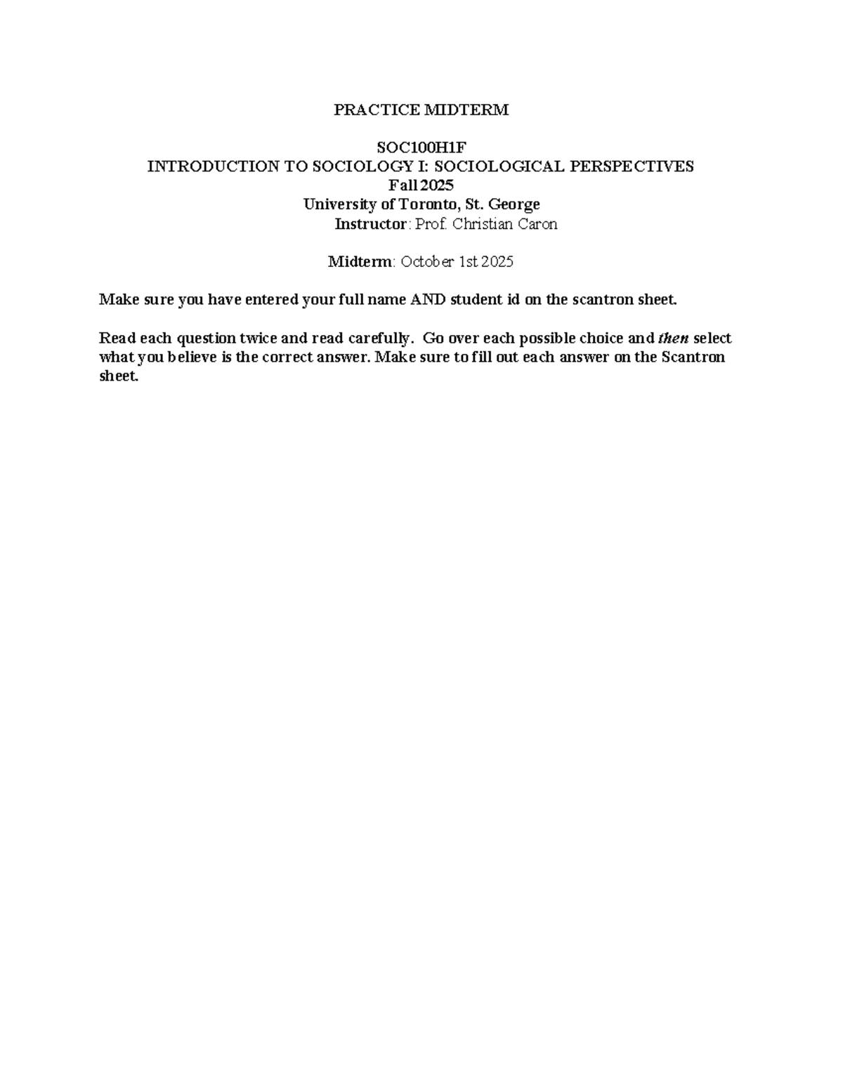 SOC100H1F Practice Midterm: Introduction to Sociology I Fall 2025 - Studocu