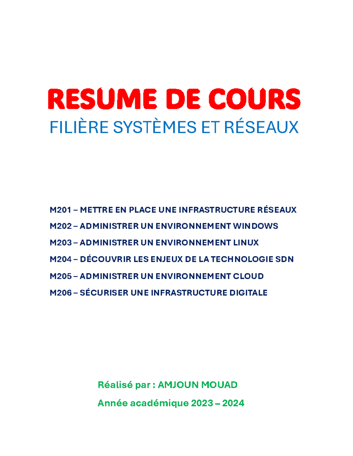 Résumé du Cours Systèmes et Réseaux – M201 à M206 (2023-2024) - Studocu