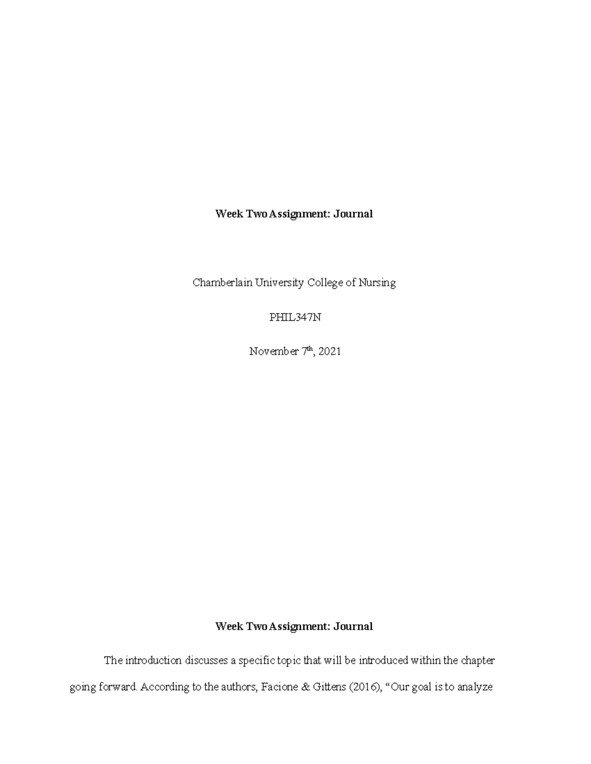 Assignment 2- critical thinking - Week Two Assignment: Journal Chamberlain University College of ...