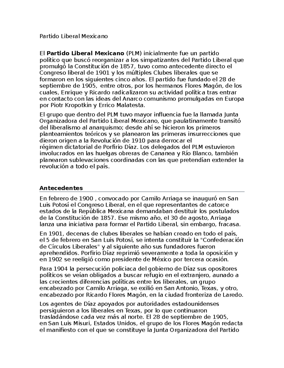 Análisis del Partido Liberal Mexicano (PLM) y su Impacto Social - Studocu