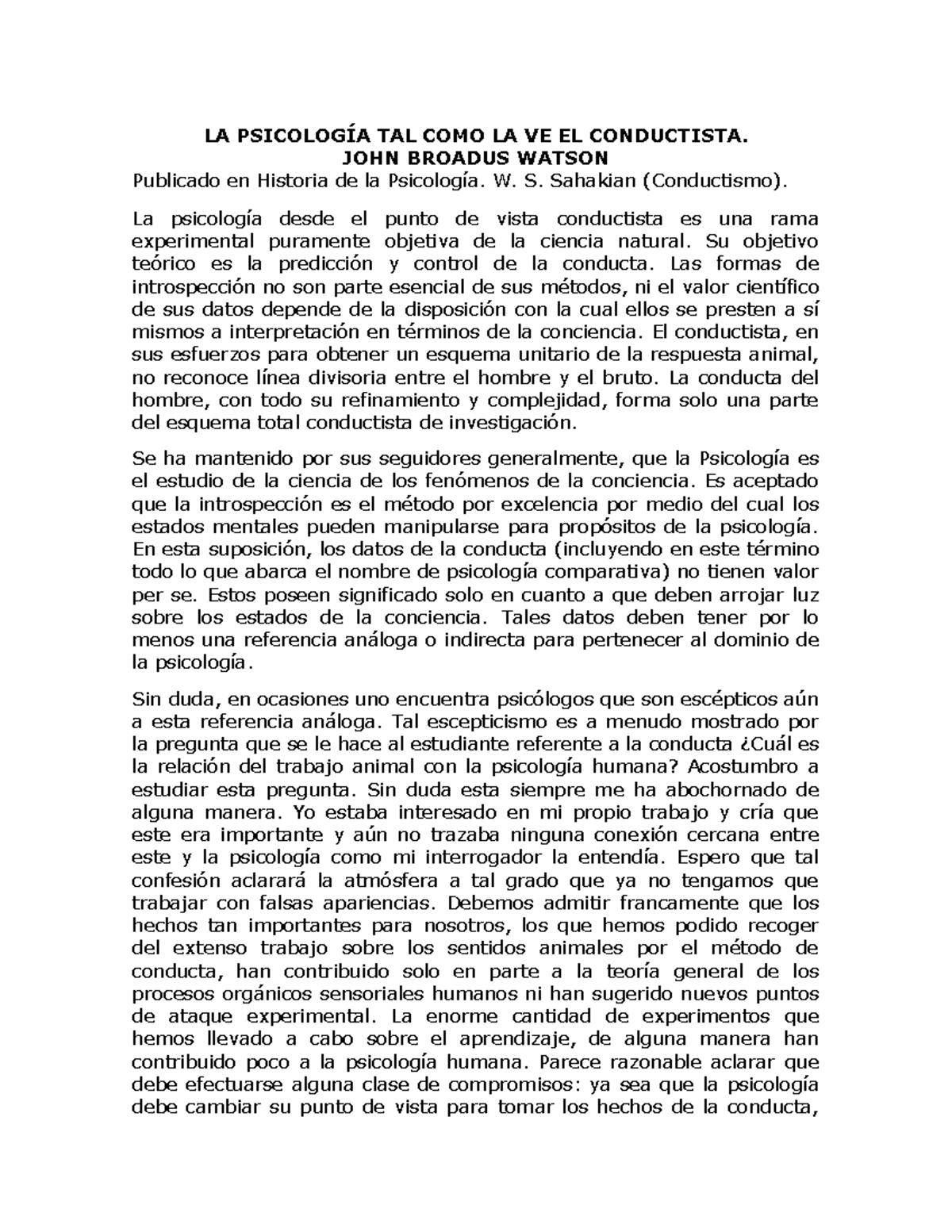 LA PSICOLOGÍA DESDE LA PERSPECTIVA CONDUCTISTA - W. S. SAHAKIAN - Studocu