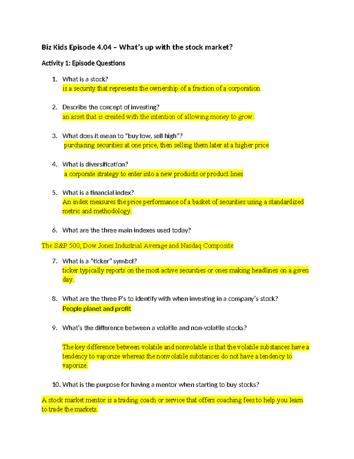 Biz Kids 4.04: Understanding the Stock Market Basics - Studocu
