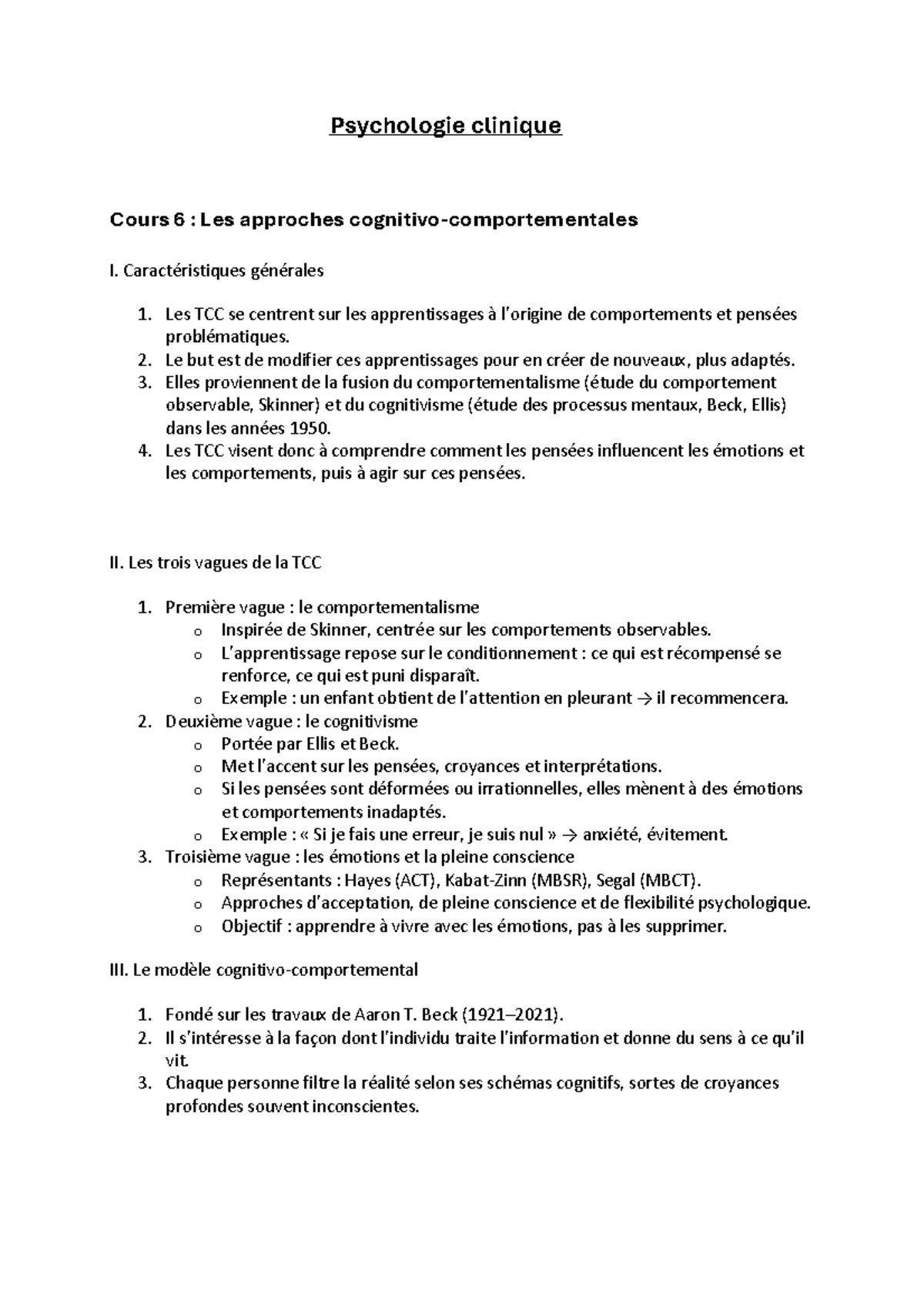Psycho Clinique Cours 6 à 10 : Approches et Techniques TCC - Studocu