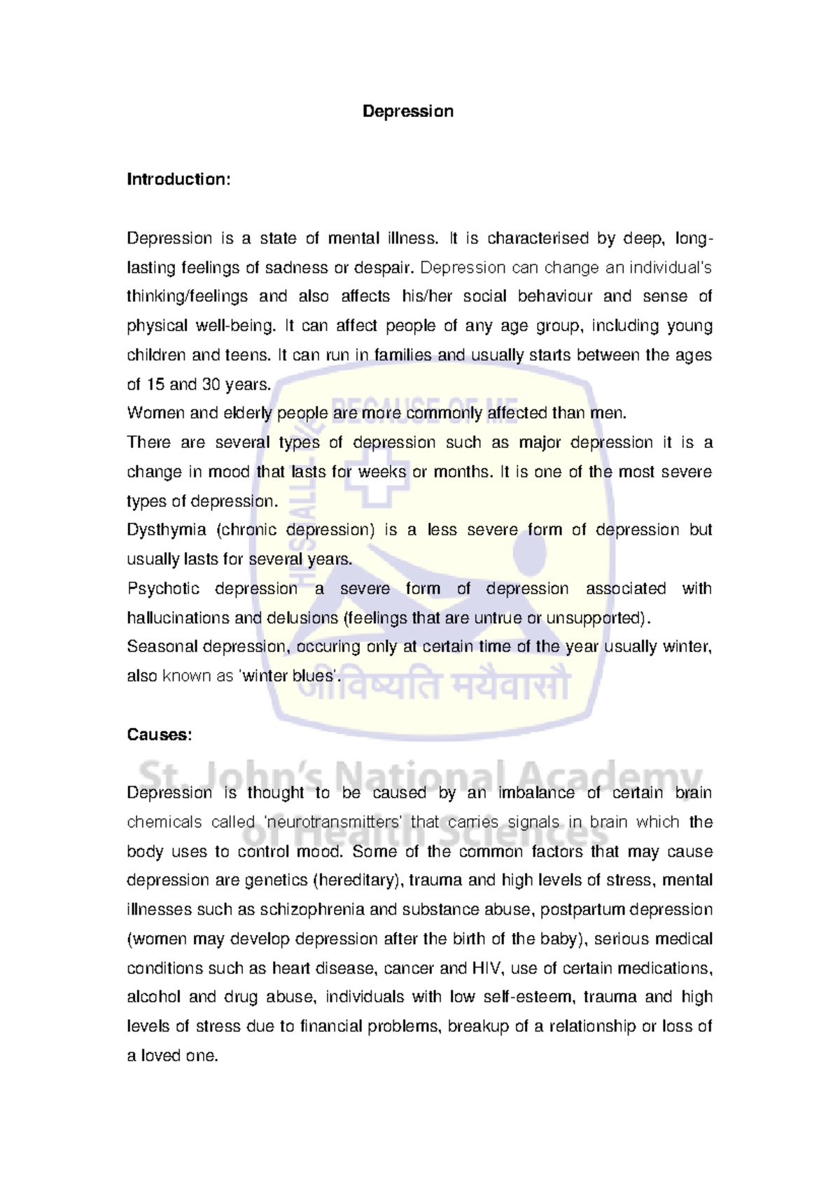 Depression - essay - Depression Introduction: Depression is a state of ...