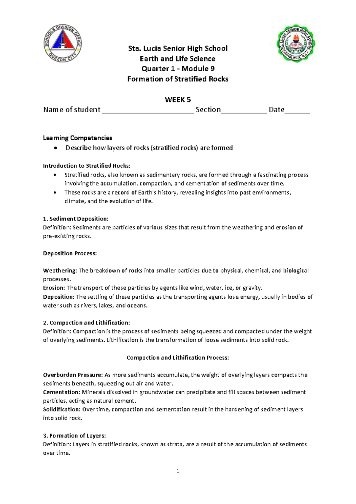 Earth and Life Science Q1 Module 9: Formation of Stratified Rocks - Studocu