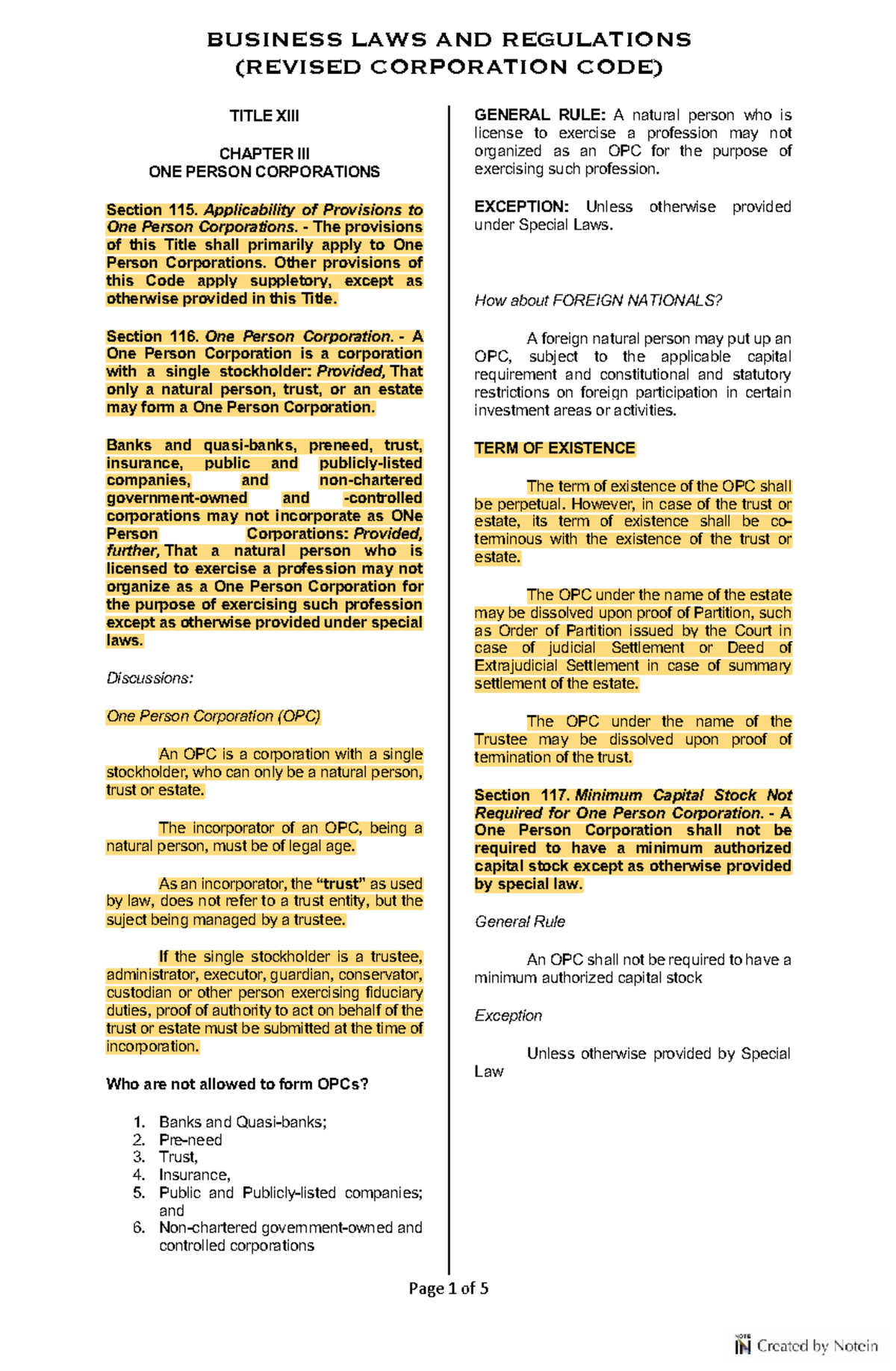 BUSINESS LAWS AND REGULATIONS (RCC) - ONE PERSON CORPORATION OVERVIEW ...