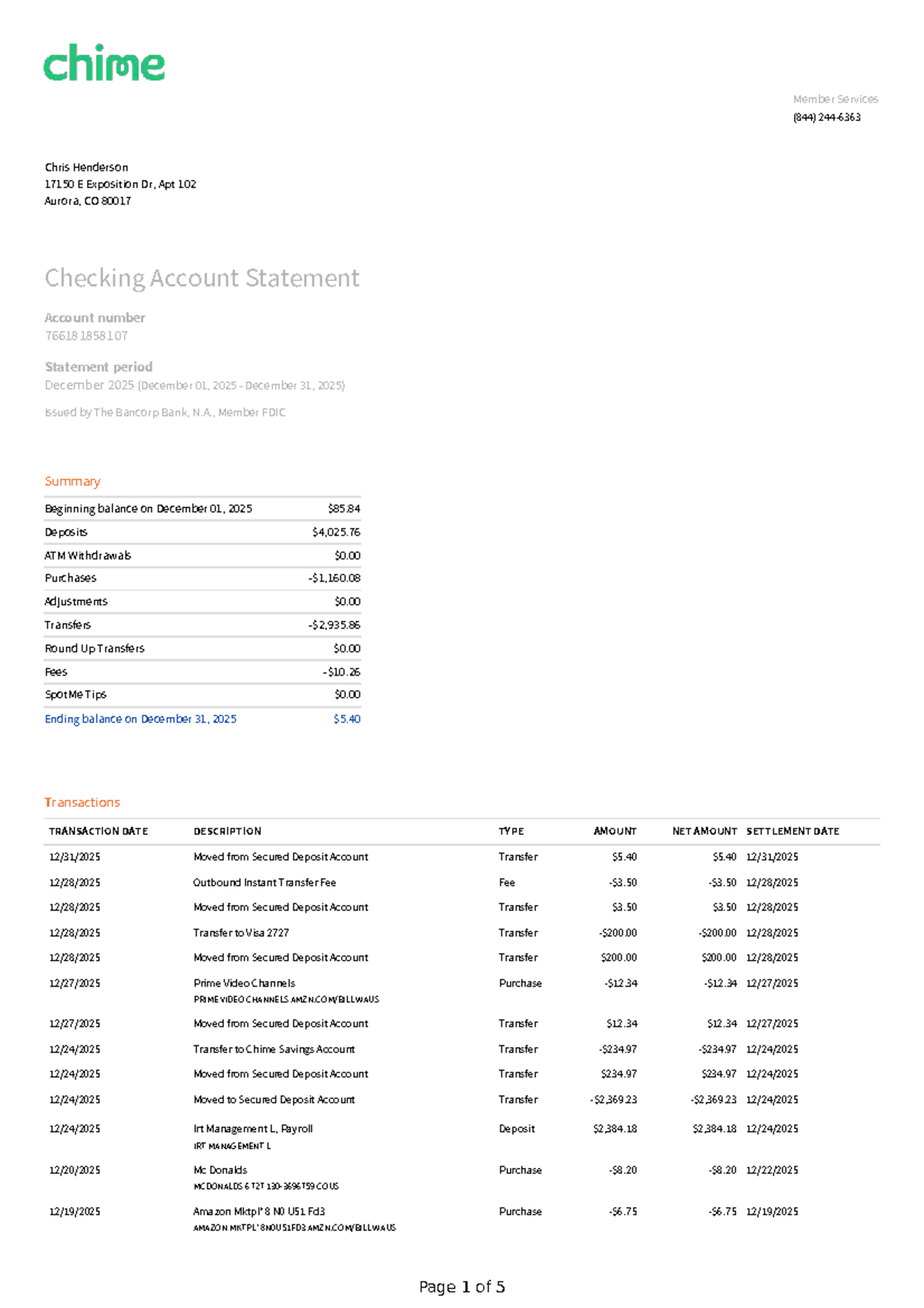 Chime Checking Account Statement - December 2025 - Studocu