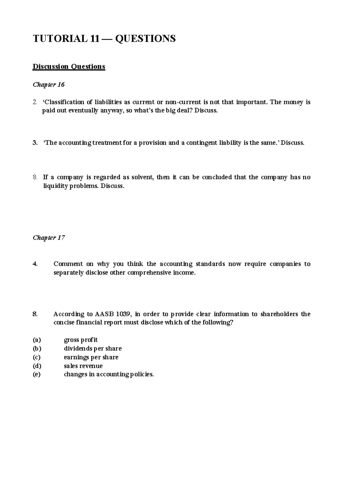 Tutorial 11 - Discussion Questions on Liabilities & Financial Ratios ...