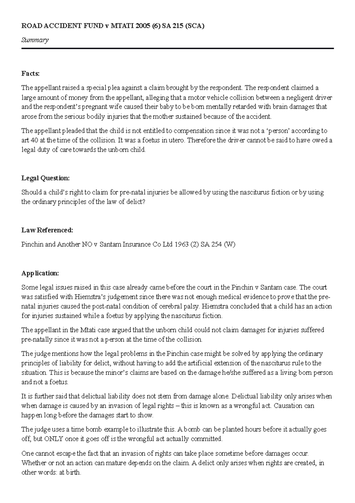 Summary of Road Accident Fund v Mtati (2005) - Legal Principles on Pre-Natal Claims - Studocu