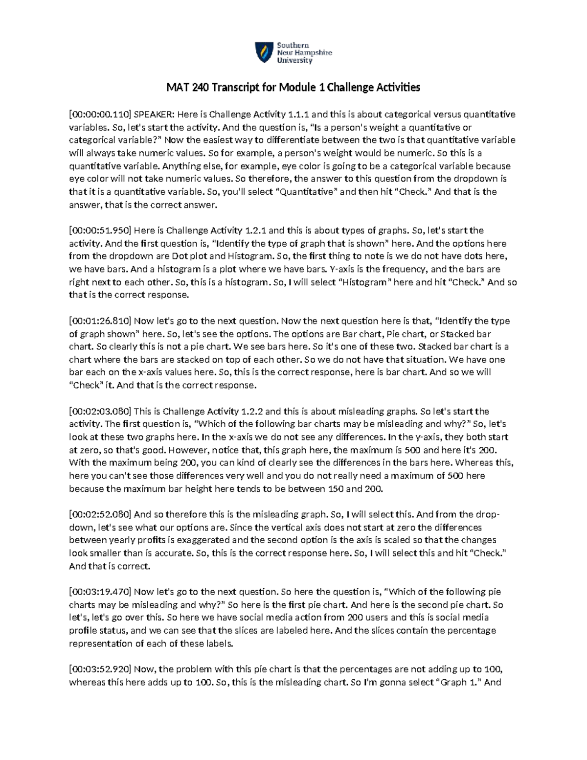 MAT 240 Module 1 Challenge Activities Transcript - Studocu