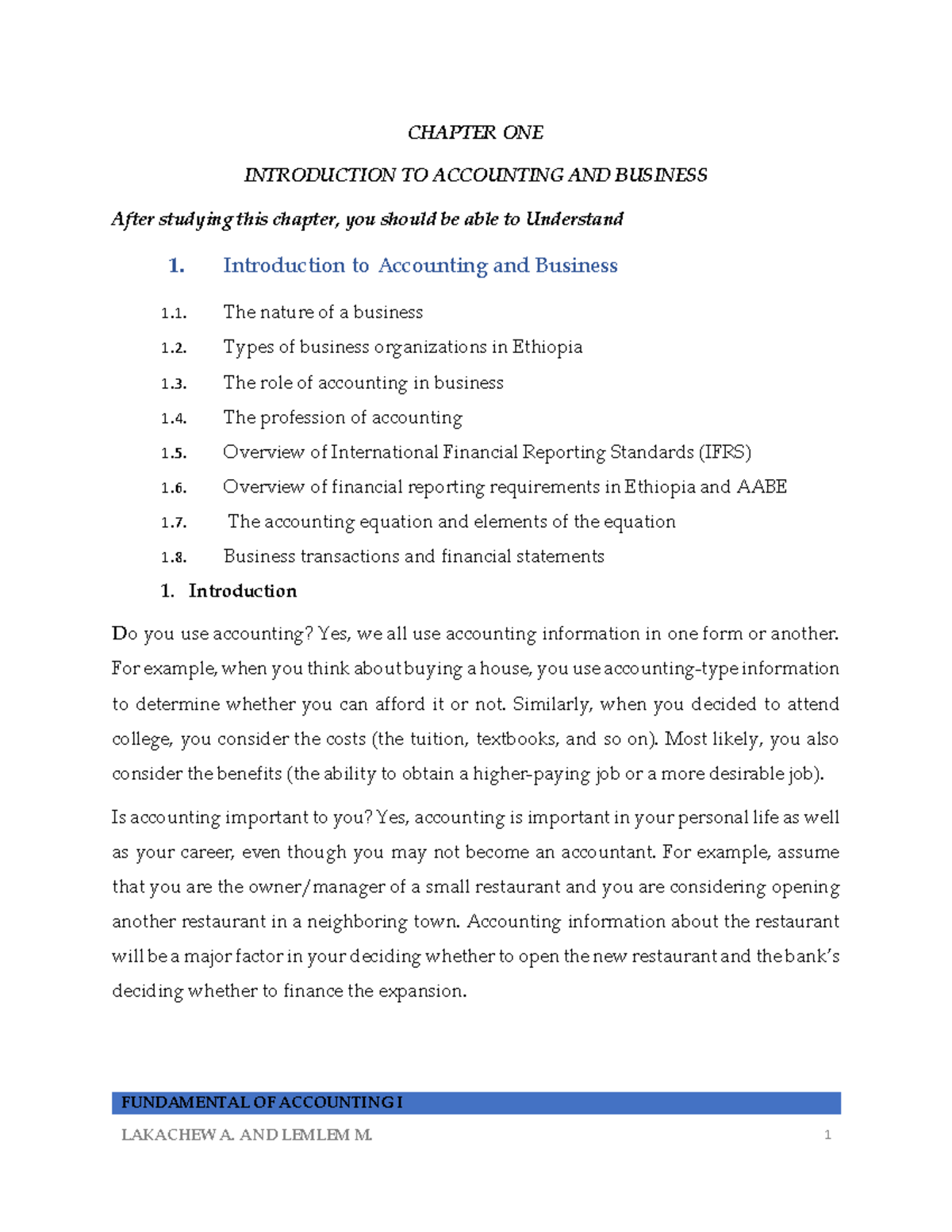 FPA I CH 1 - Introduction to Accounting and Business Overview - Studocu