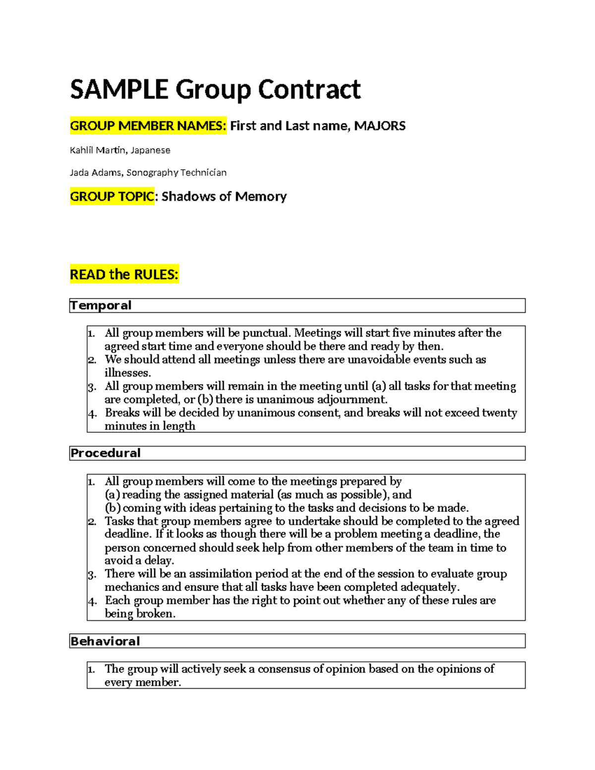 Group Contract for Shadows of Memory - Impact on Team Dynamics - Studocu