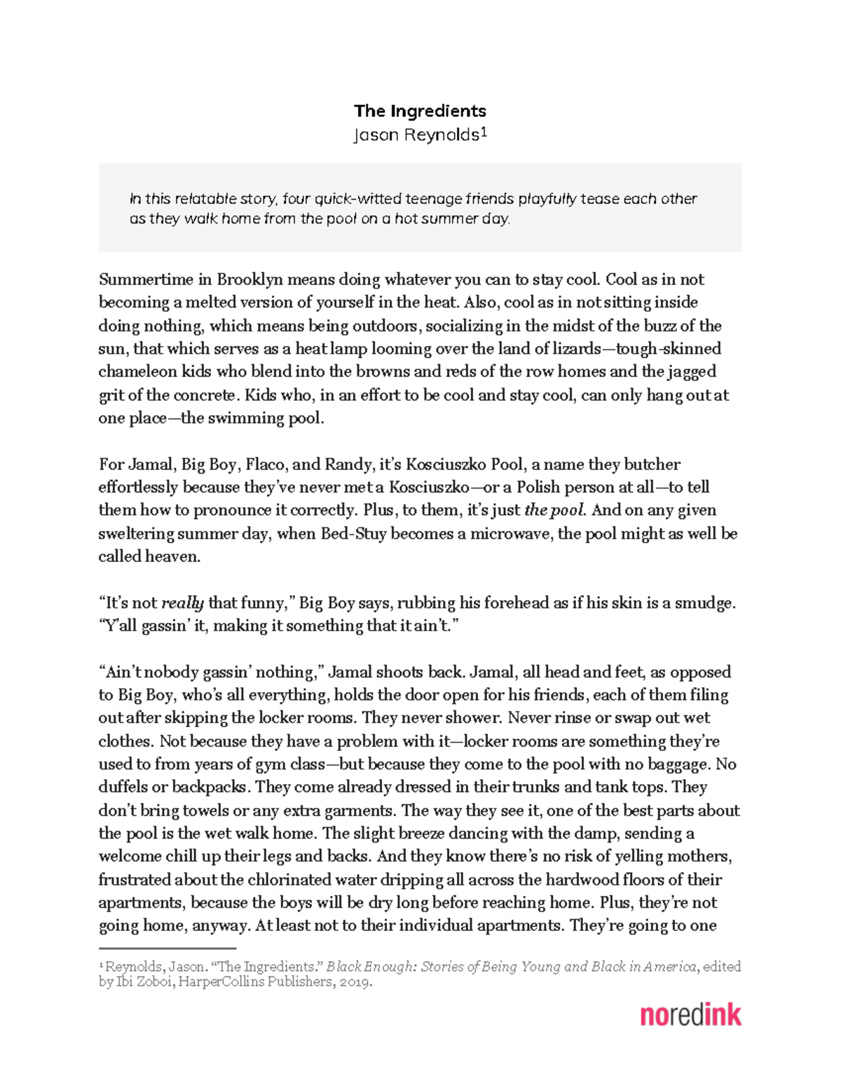 The Ingredients: A Summer Day in Brooklyn by Jason Reynolds - Studocu