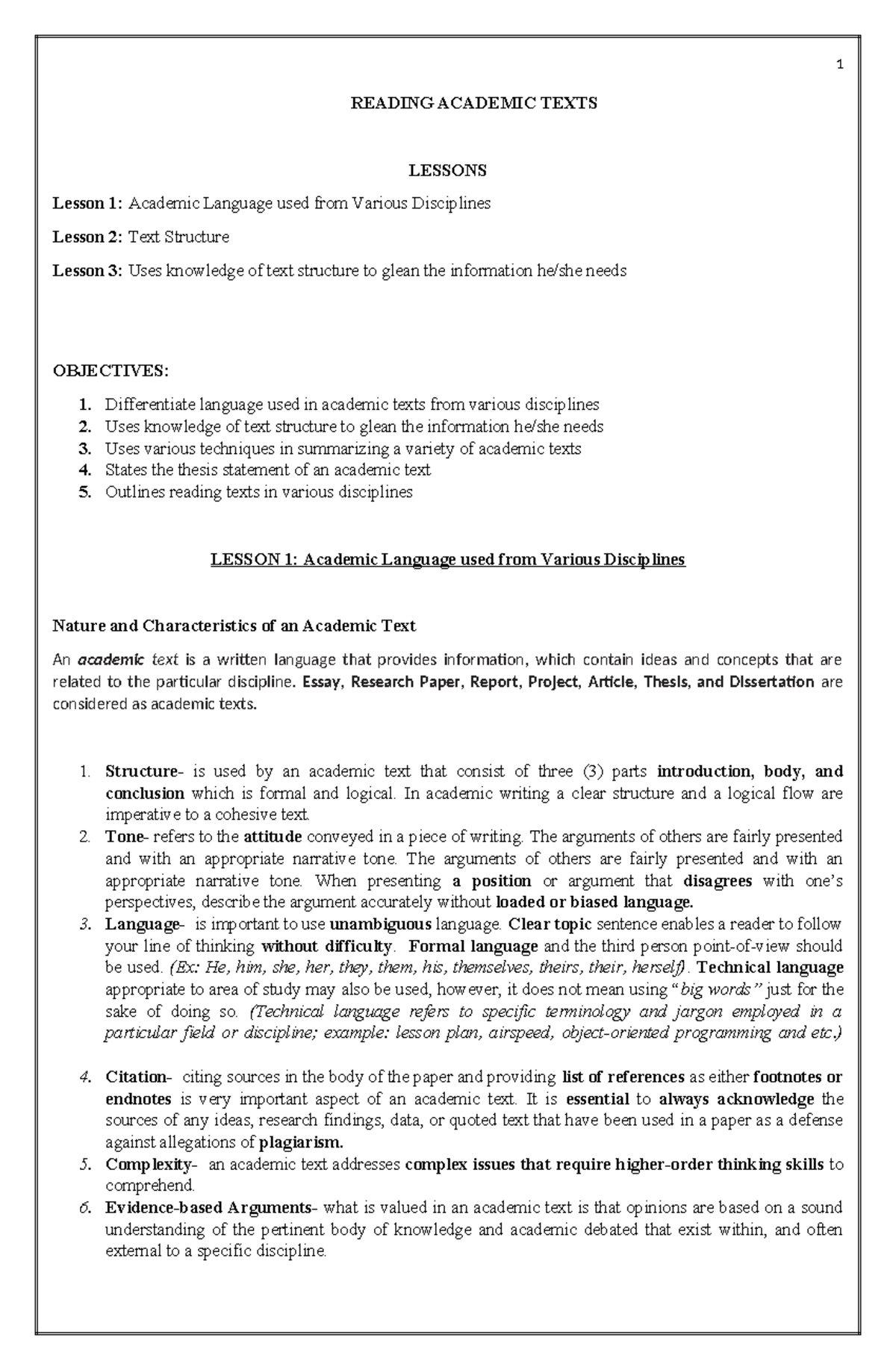 Reading Academic Texts: Lesson 1 - Language & Structure Insights - Studocu