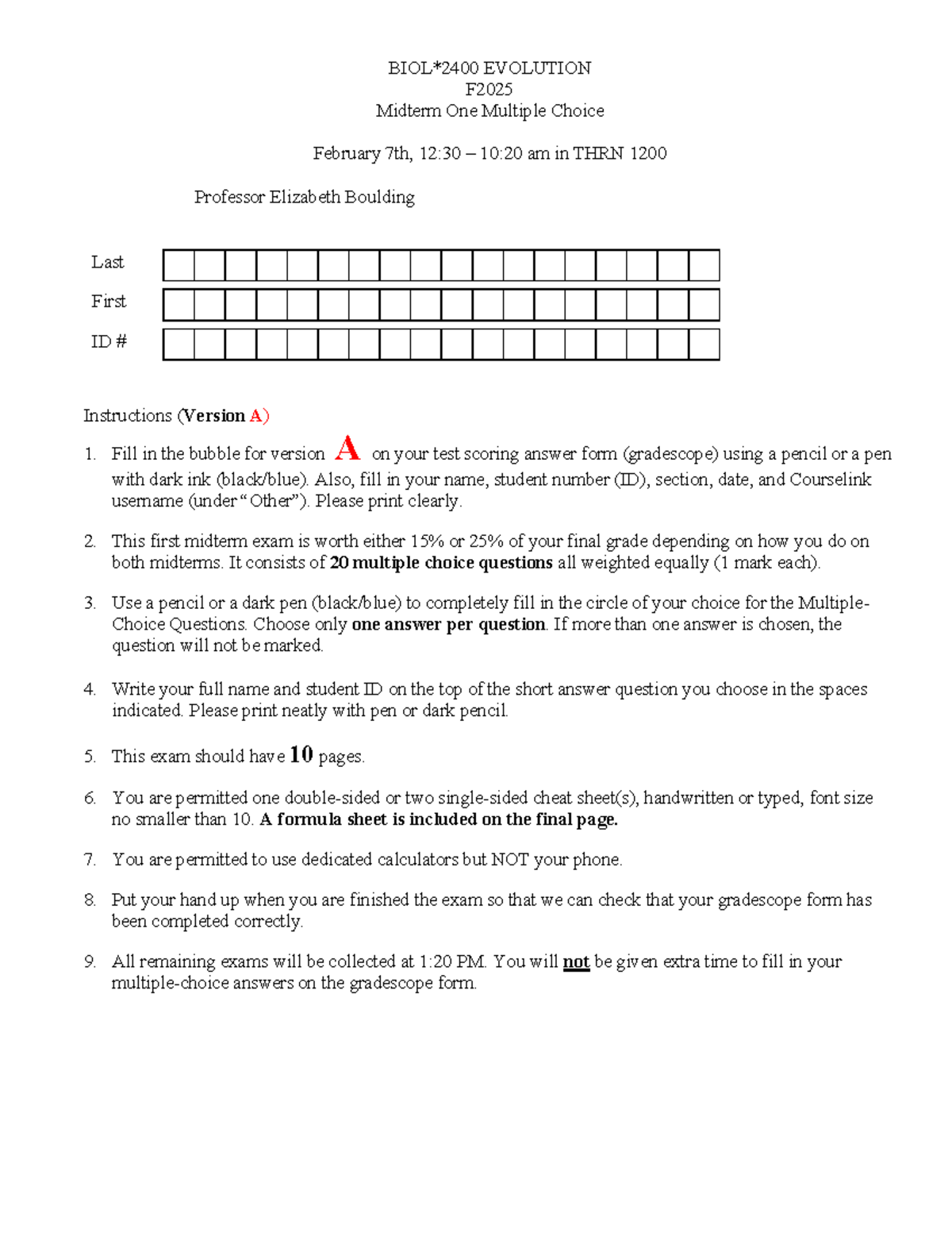 BIOL 2400 F2025 Midterm 1 - first instruction page only - BIOL*2400 ...