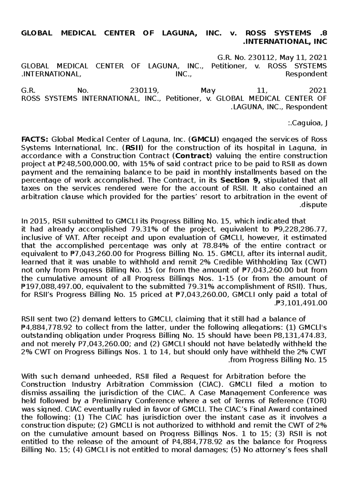 G.R. No. 230112: Global Medical Center v. Ross Systems Case Study - Studocu
