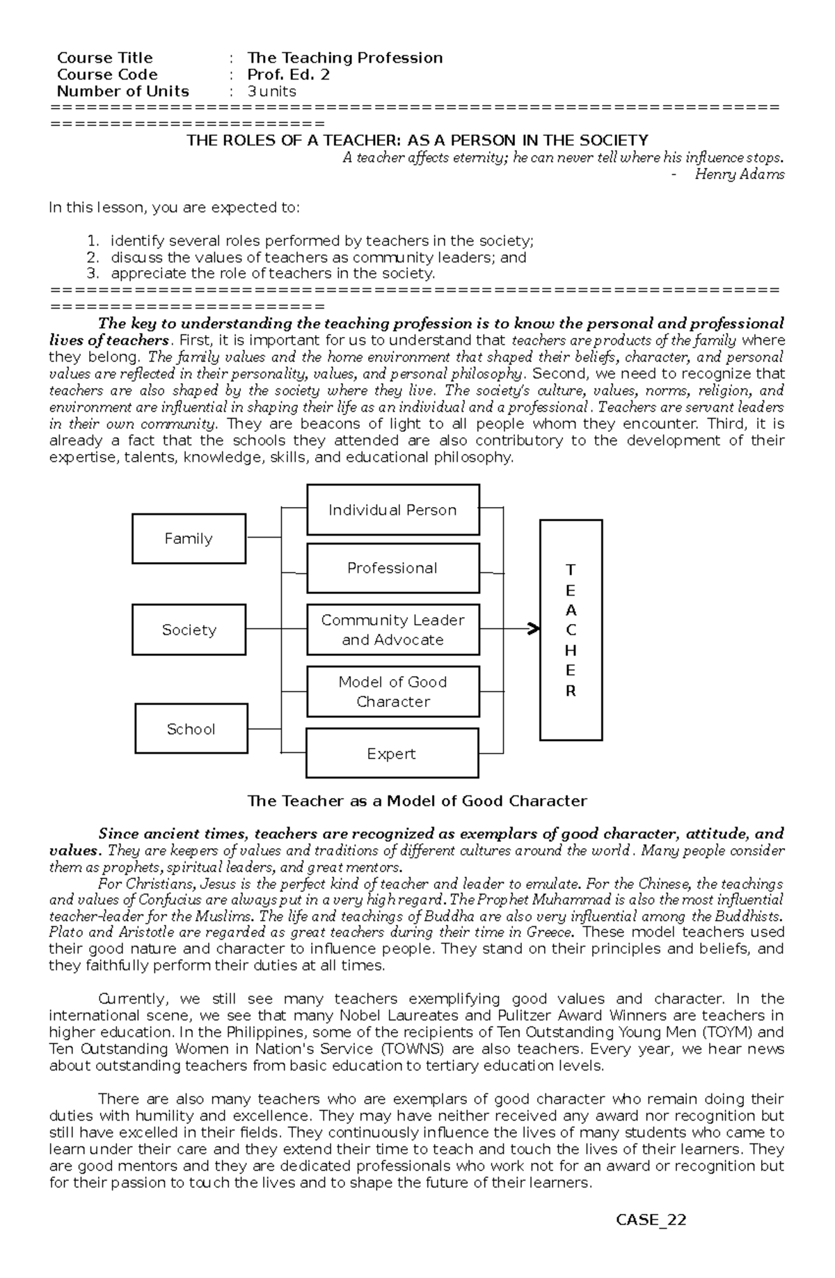 Prof. Ed. 2 Lesson: The Teacher as a Model of Good Character - Studocu