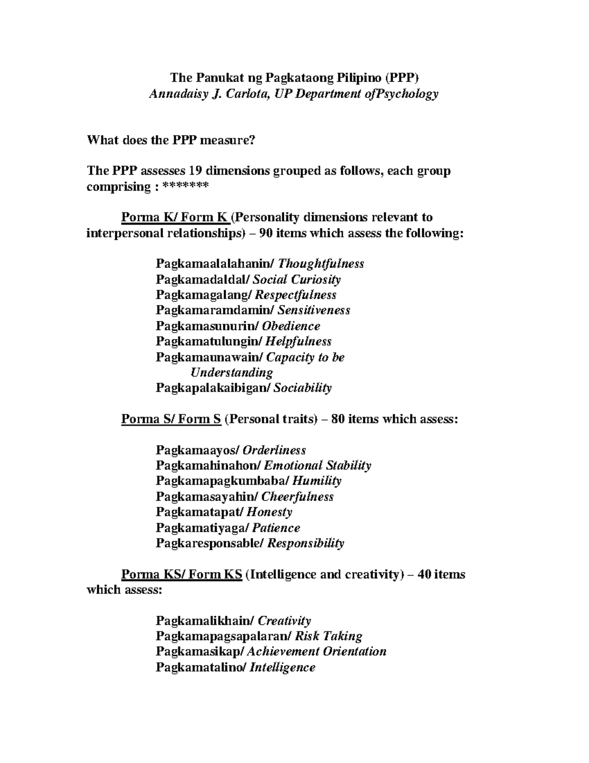 Handouts - Panukat ng Pagkataong Pilipino (Psychology 101) - Studocu