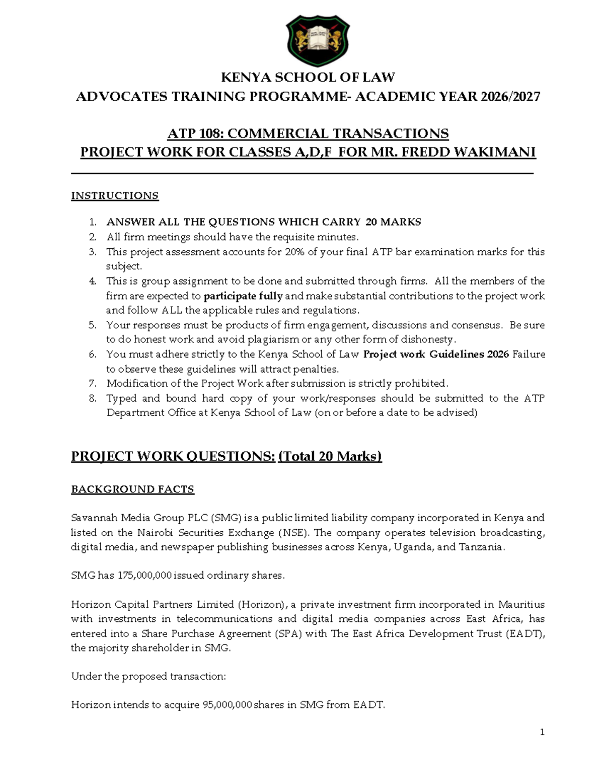 ATP 108: Commercial Transactions Project Work 2026 for Classes A, D, F ...