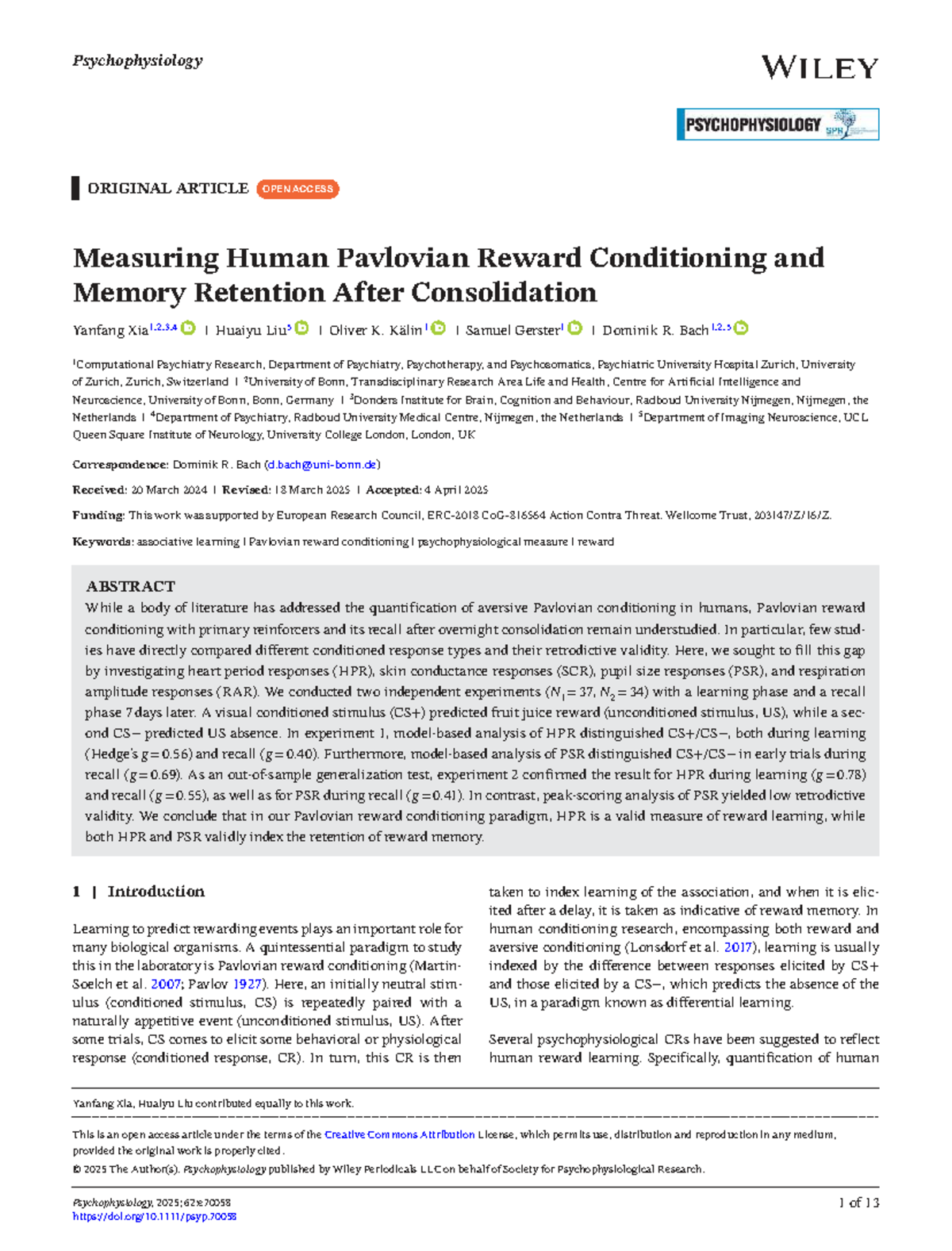 Measuring Pavlovian Reward Conditioning & Memory Retention in Humans ...