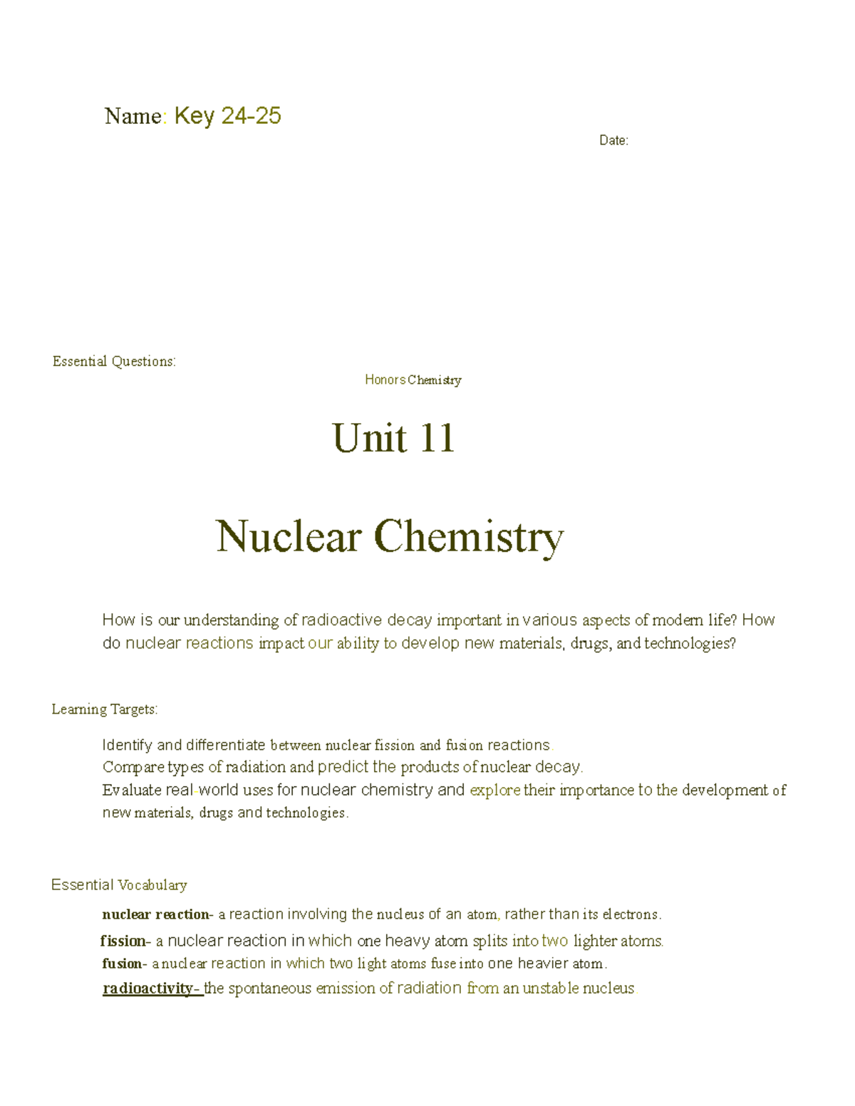 Honors Chemistry Unit 11: Nuclear Chemistry Overview and Key Concepts ...