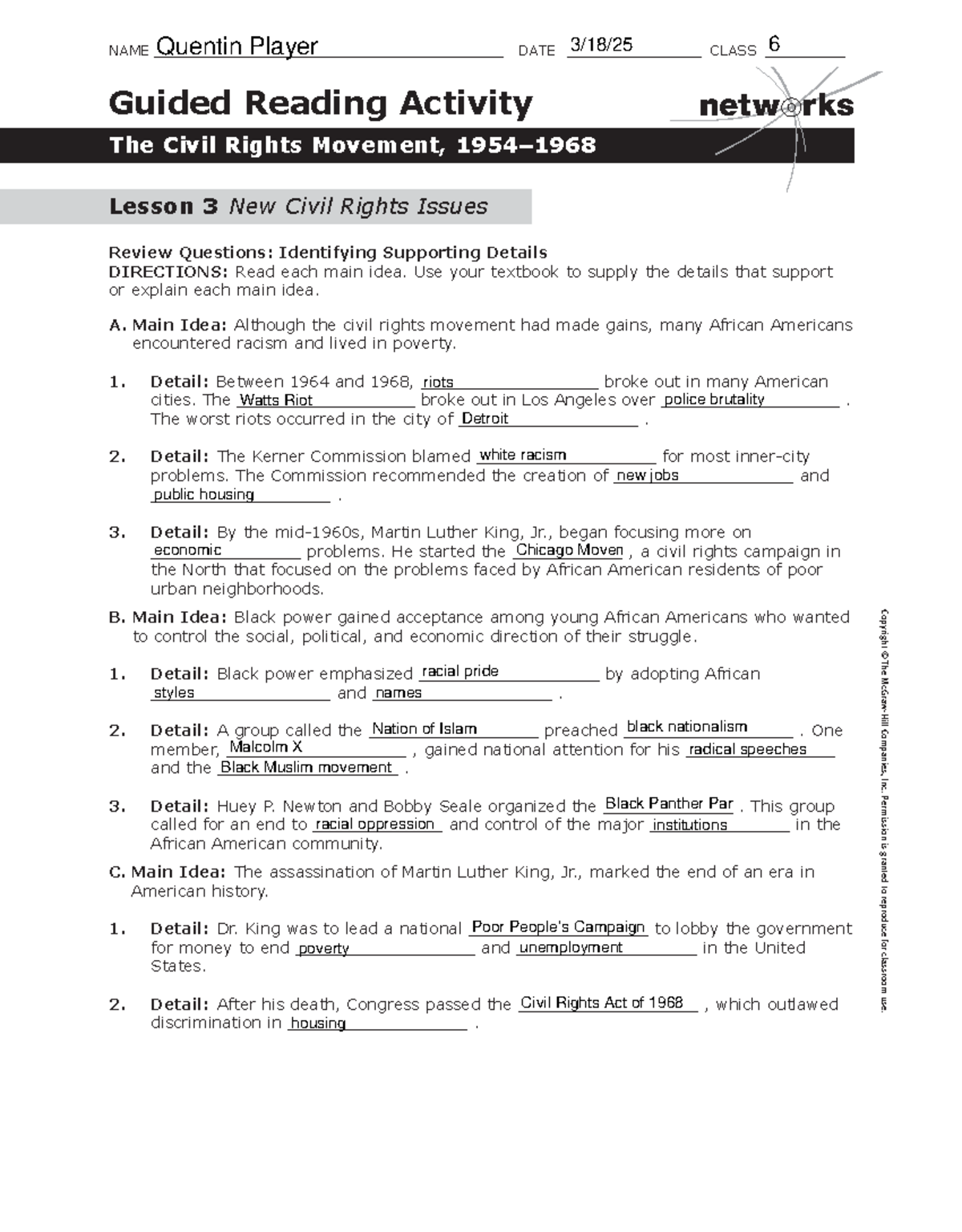 Guided Reading Activity: Civil Rights Movement (1954-1968) Lesson 3 ...