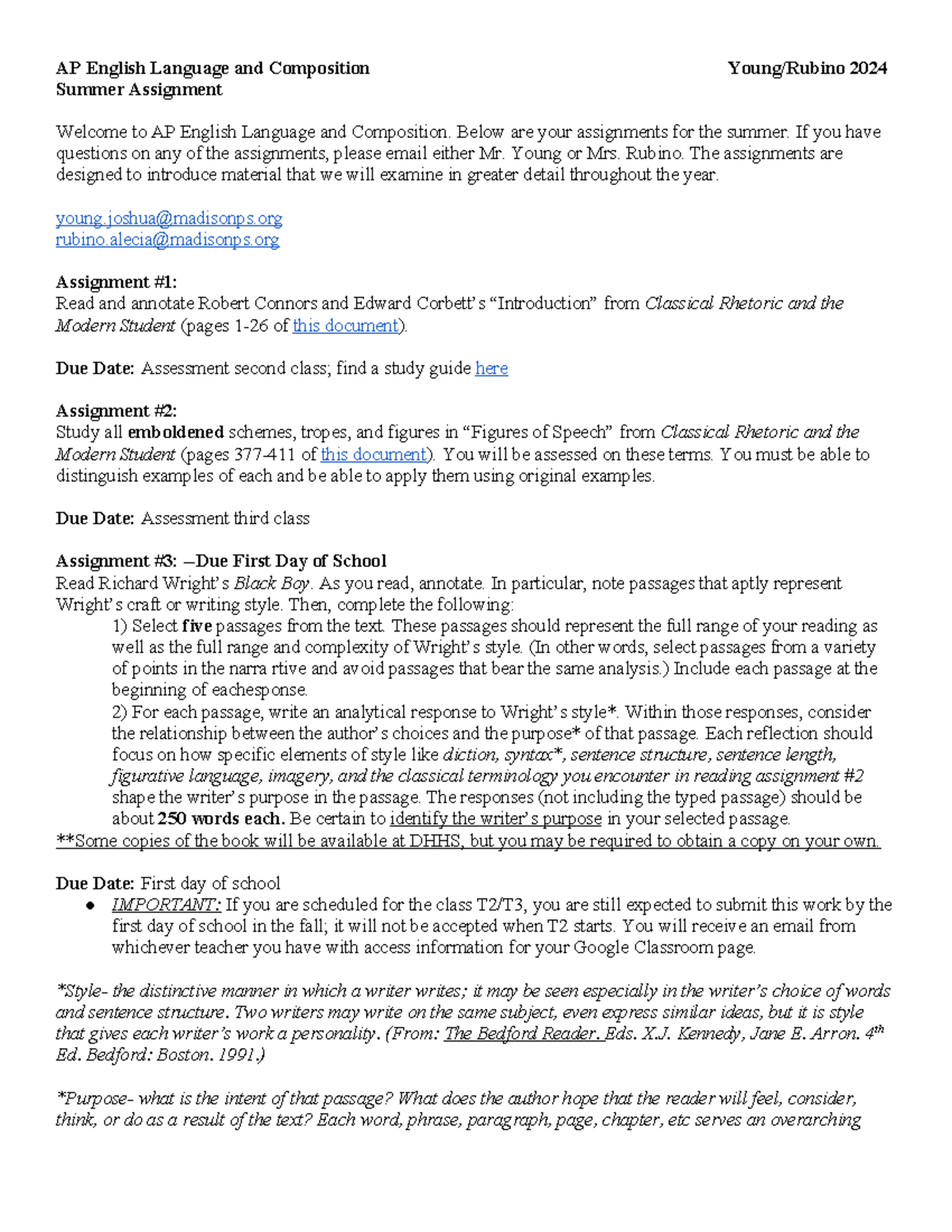 AP Lang Summer Assignment - AP English Language and Composition Young ...