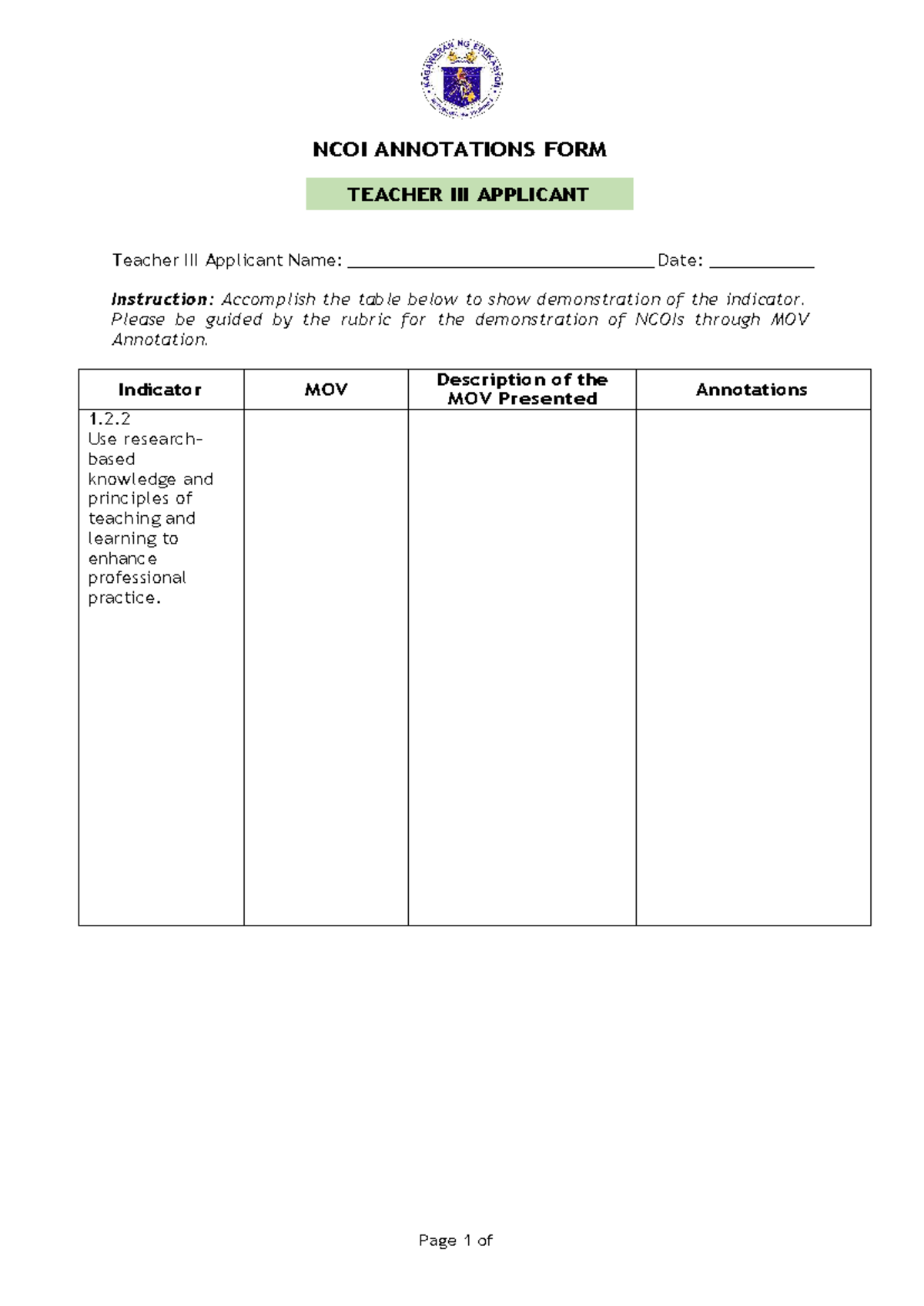 NCOI Annotations Form for Teacher III Applicant Evaluation - Studocu
