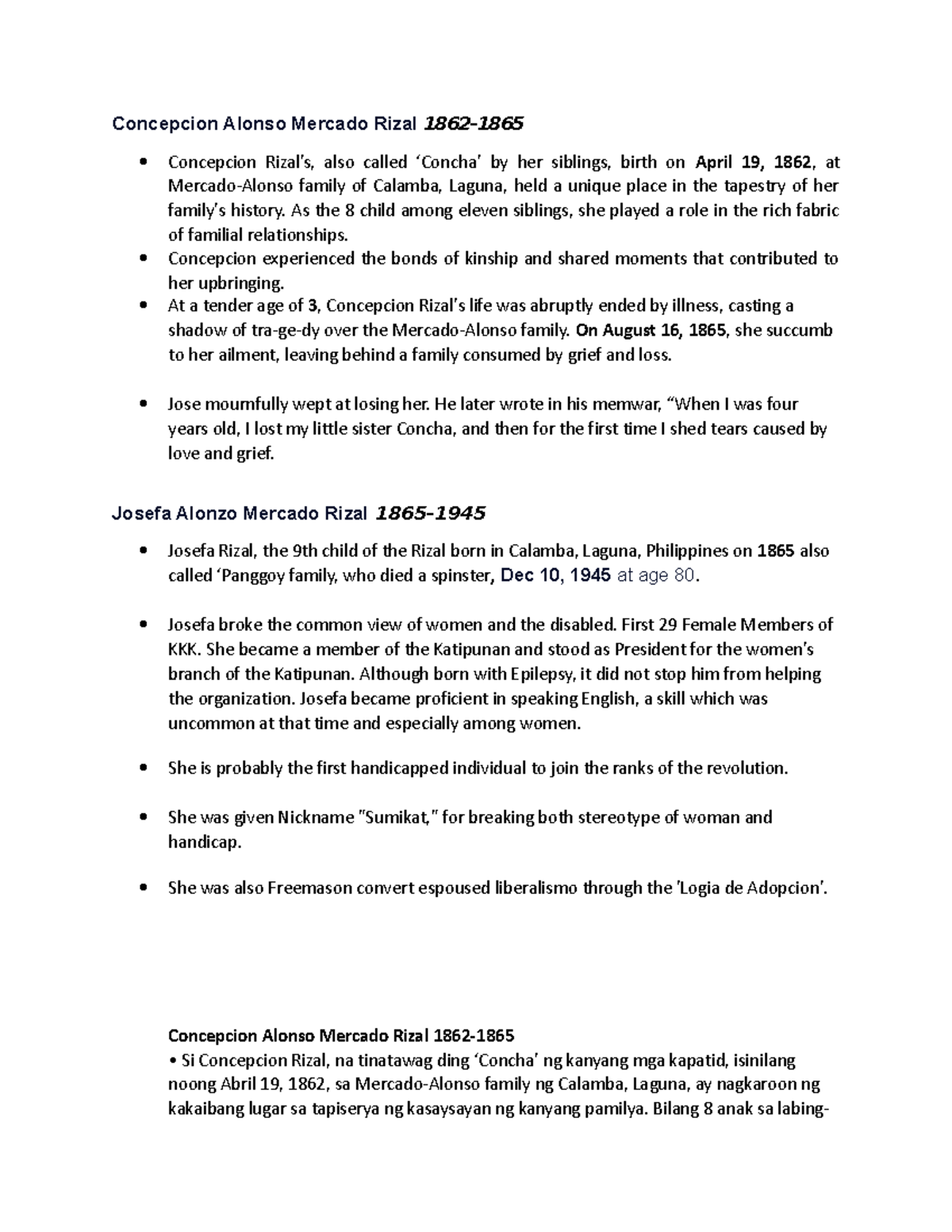 Rizal Siblings: Concepcion (1862) & Josefa (1865) Mercado-Alonso - Studocu