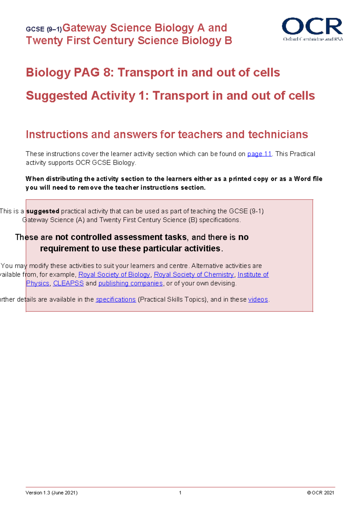 OCR GCSE Biology PAG 8: Transport in and out of Cells Practical ...