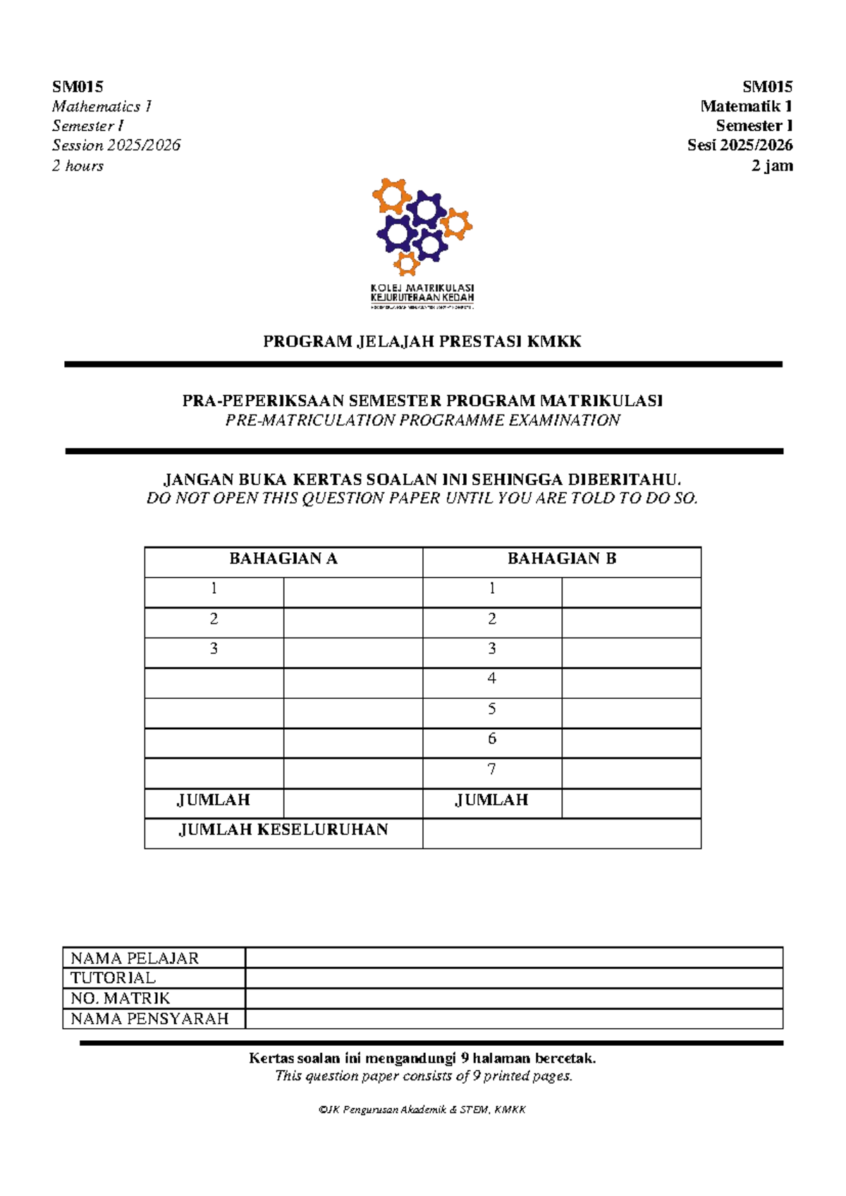 Soalan Pra PSPM 2526 SM015 Matematik 1 Semester I - Studocu