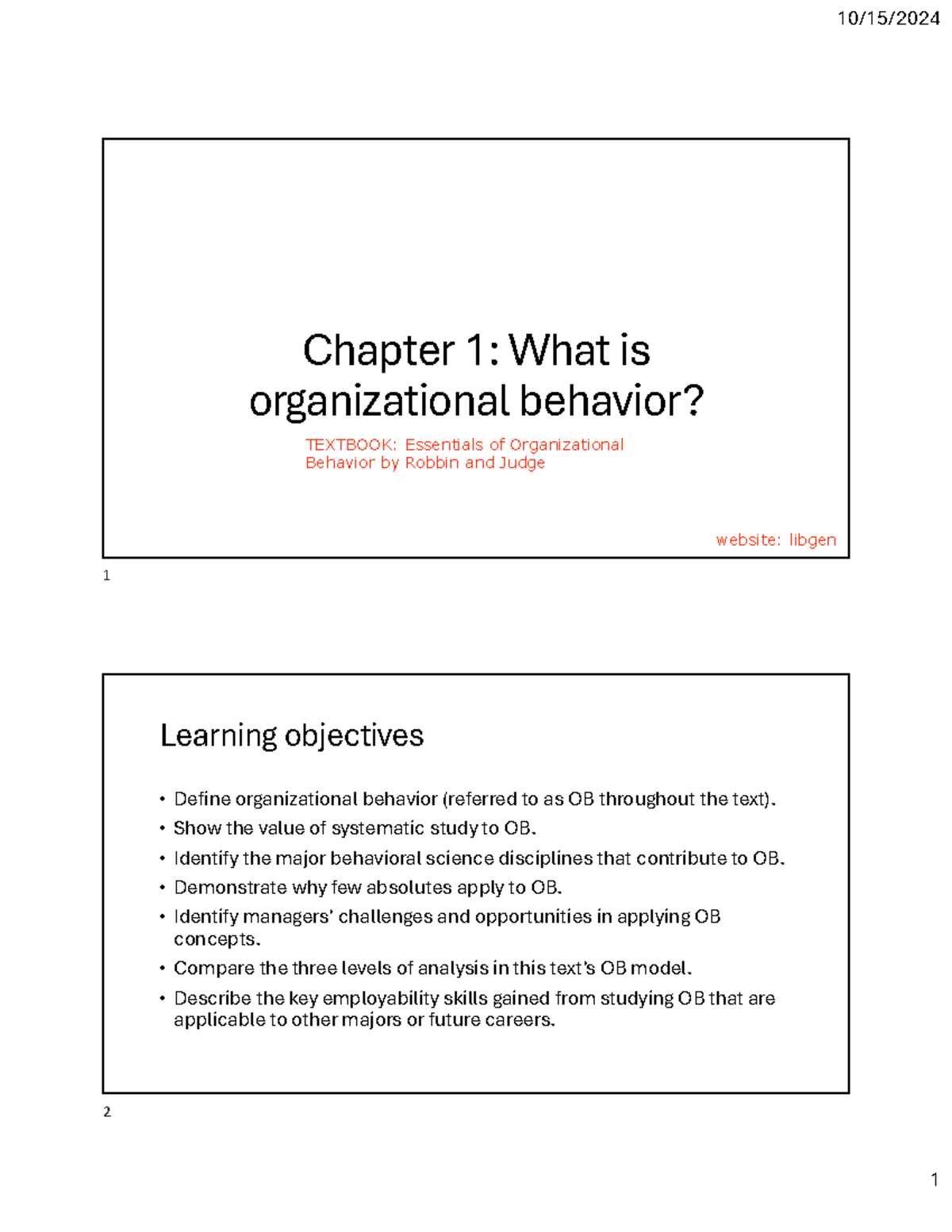 15.10.2024 Chapter 1: Introduction to Organizational Behavior - Studocu