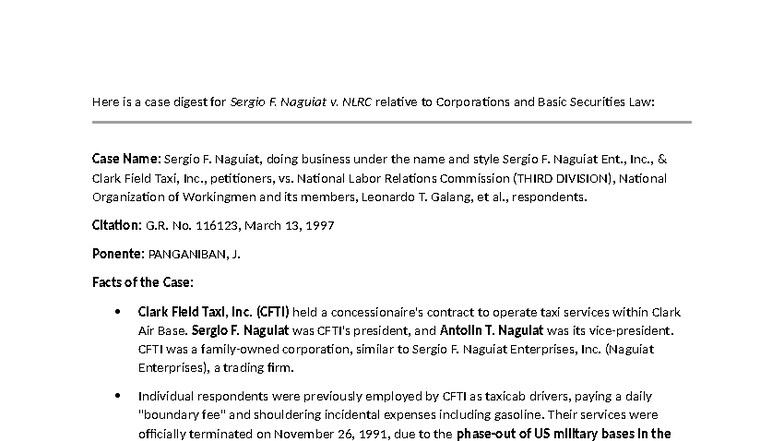 Naguiat v. NLRC: Case Digest on Corporations & Basic Securities Law ...
