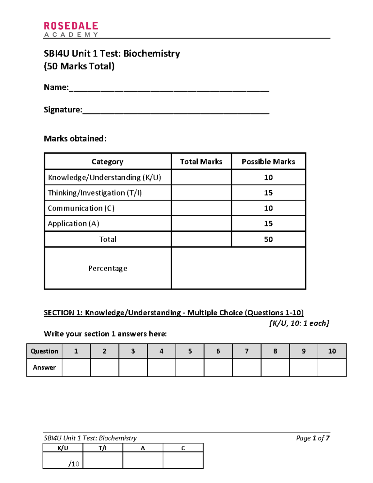 SBI4U Unit 1 Test: Exploring Biochemistry Concepts and Applications ...