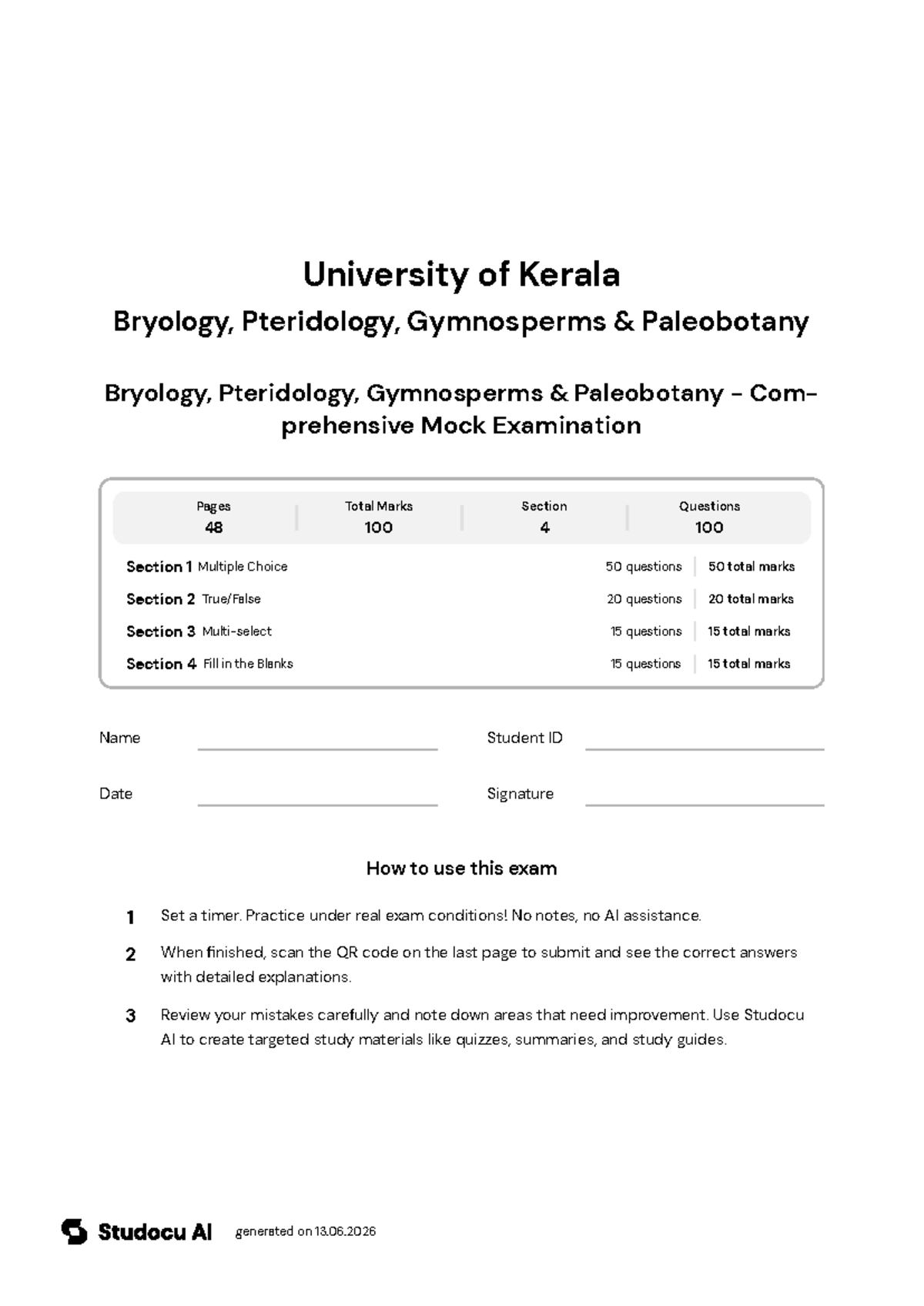 Bryology, Pteridology, Gymnosperms & Paleobotany - Mock Exam - Studocu