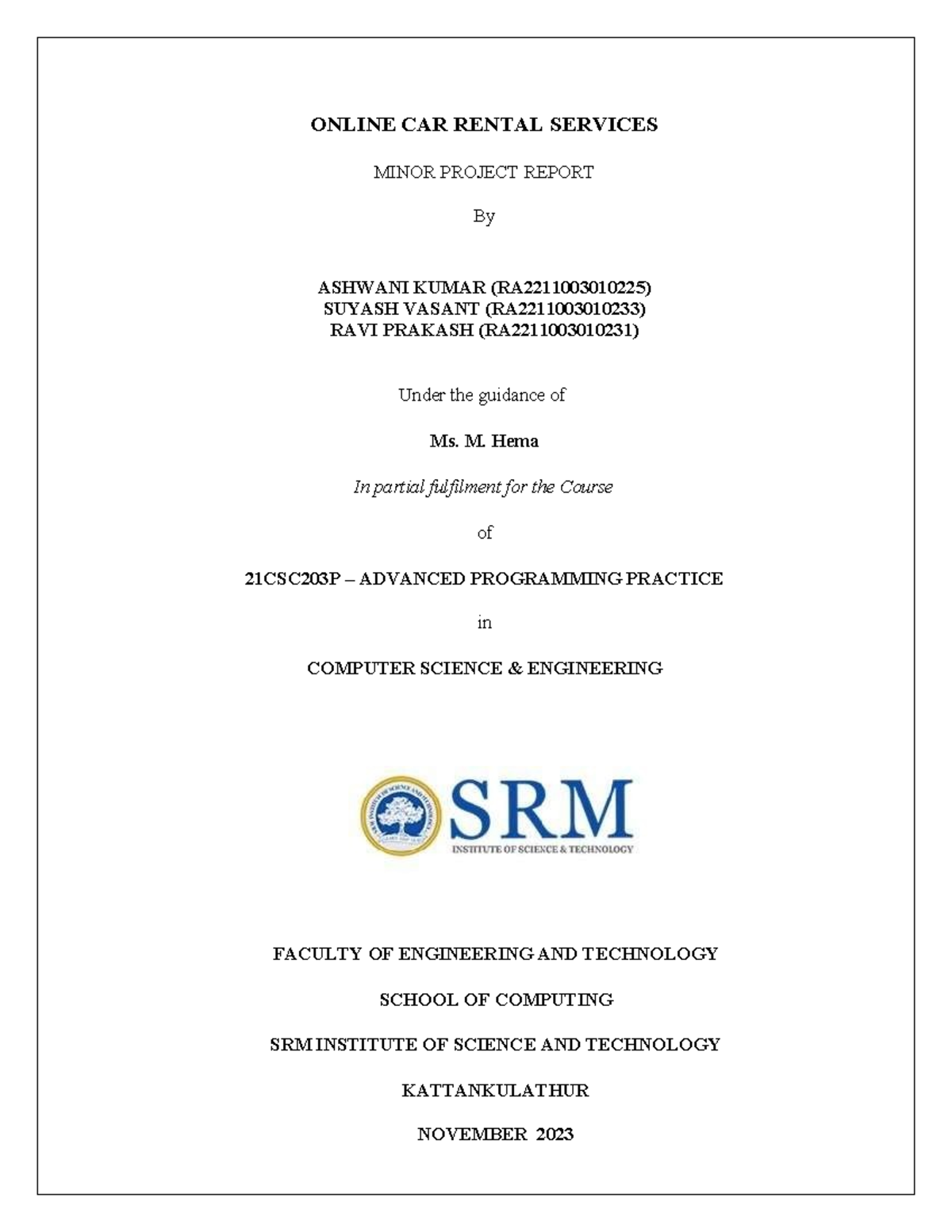 Online Car Rental Services Project Report for 21CSC203P Course - Studocu