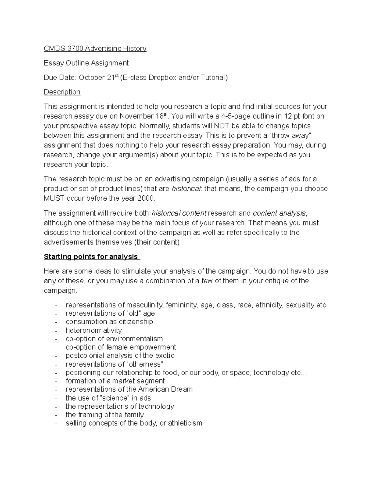 CMDS 3700 Advertising History Essay Outline Assignment - Studocu