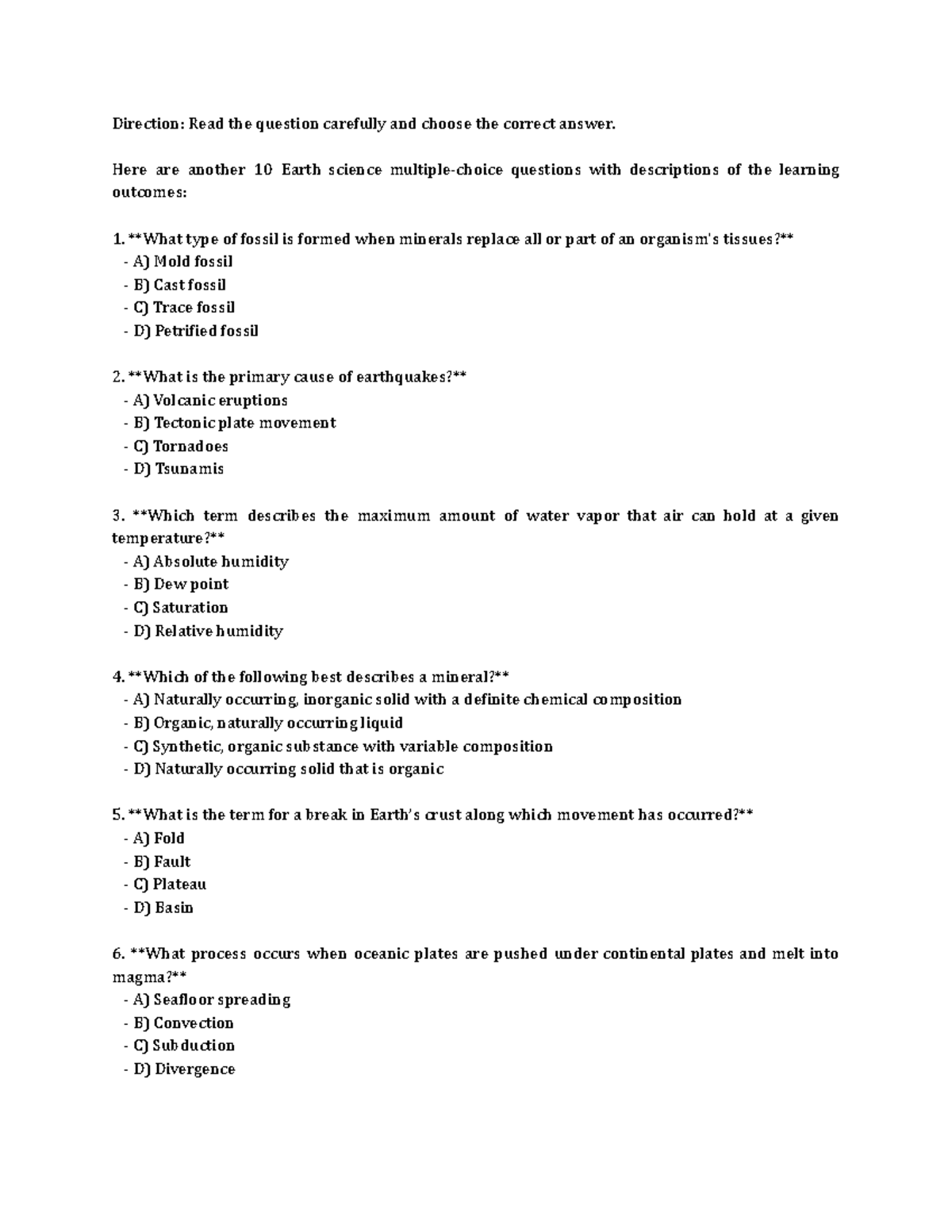 EE37 - Earth Science Quiz: Key Concepts and Learning Outcomes - Studocu