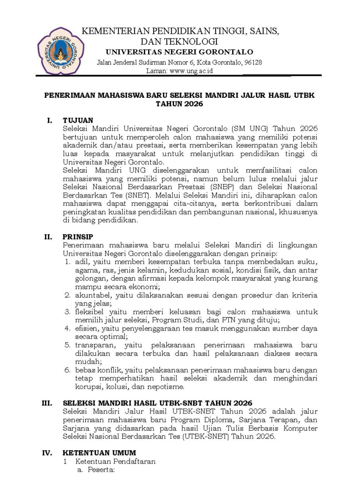 Pengumuman Penerimaan Mahasiswa Baru UNG Jalur Hasil SNBT 2026 - Studocu