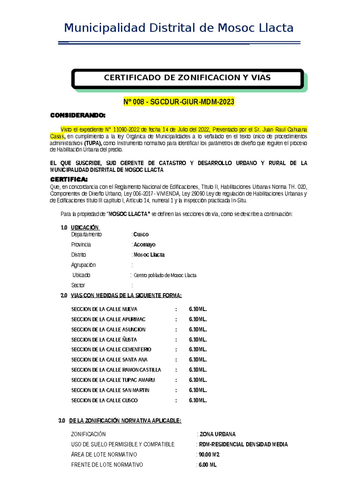 Certificado de Zonificación y Vías Nº 009 - Municipalidad Mosoc Llacta ...