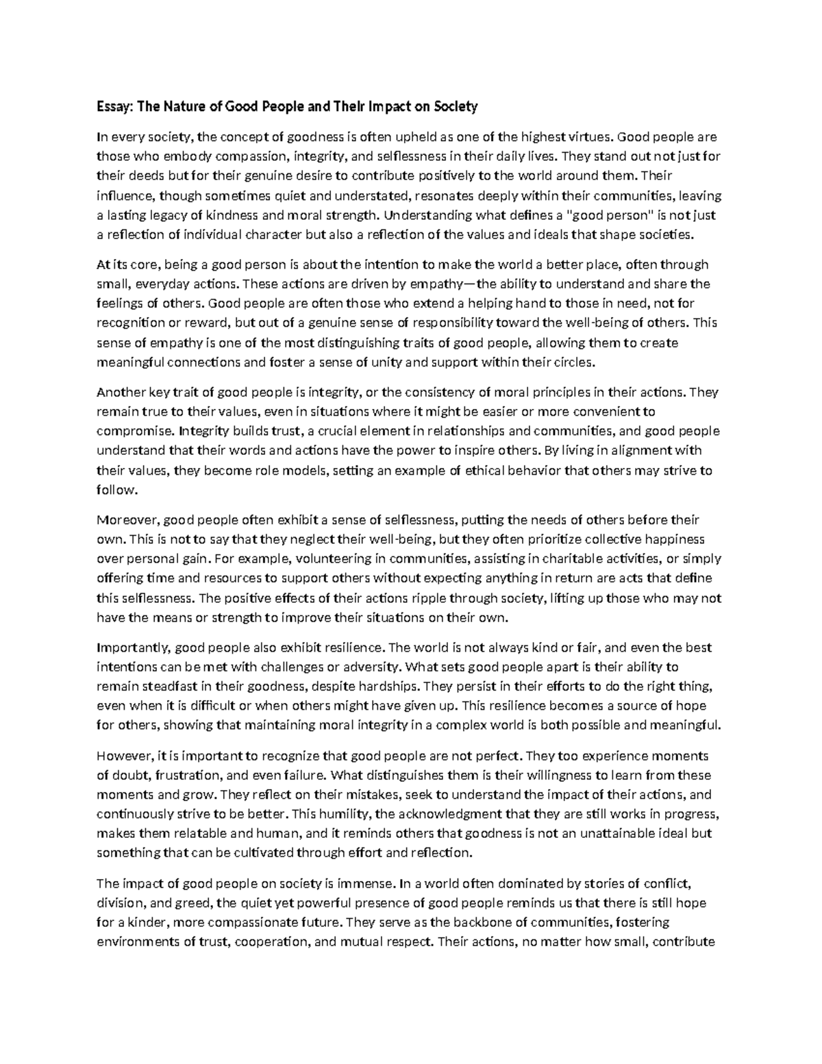 Essay: The Nature of Good People and Their Positive Societal Impact ...