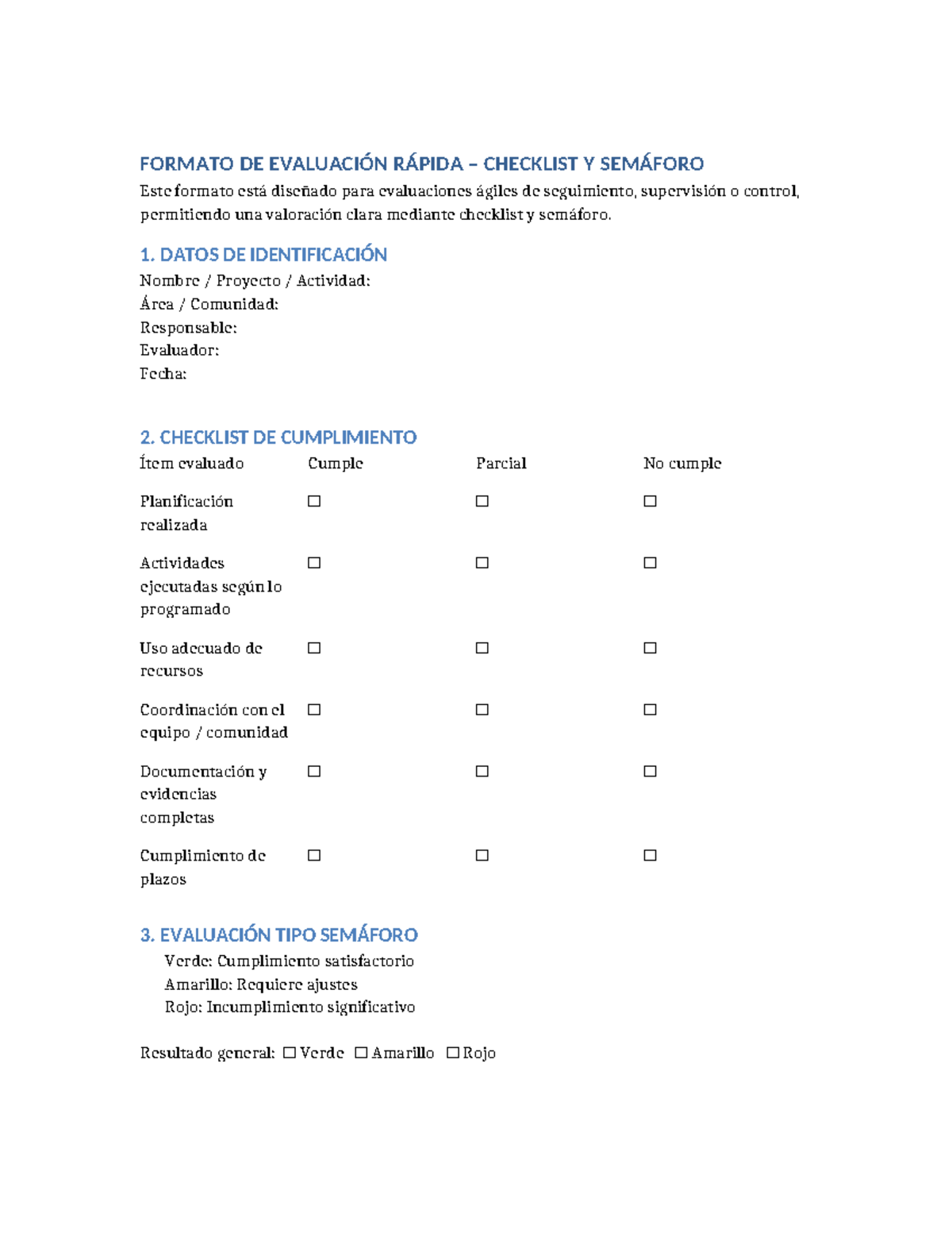 Plantilla de Evaluación Rápida: Checklist y Semáforo - Studocu