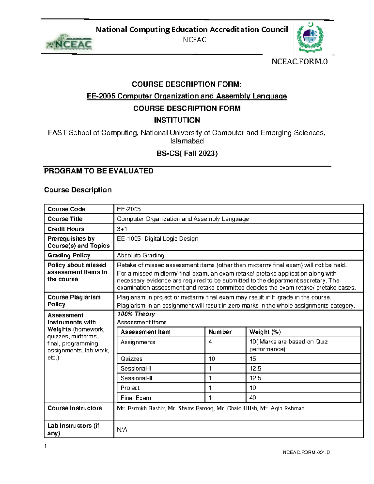 EE-2003 Computer Organization & Assembly Language Course Description - Fall 2023 - Studocu