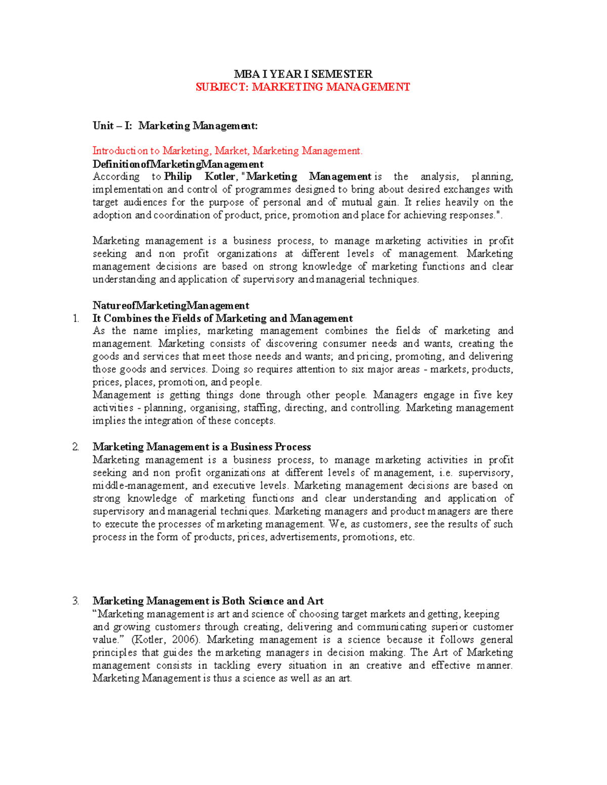 MBA I SEM Marketing Management Notes: Key Concepts & Definitions - Studocu