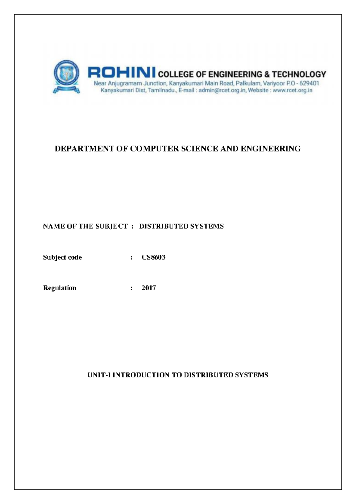 CS8603 U - ds pdf - DEPARTMENT OF COMPUTER SCIENCE AND ENGINEERING NAME OF THE SUBJECT ...