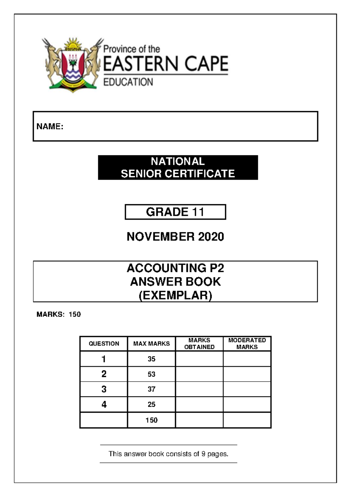 ACCN GR 11 P2 Nov 2020 Accounting Answer Book (Exemplar) - Studocu