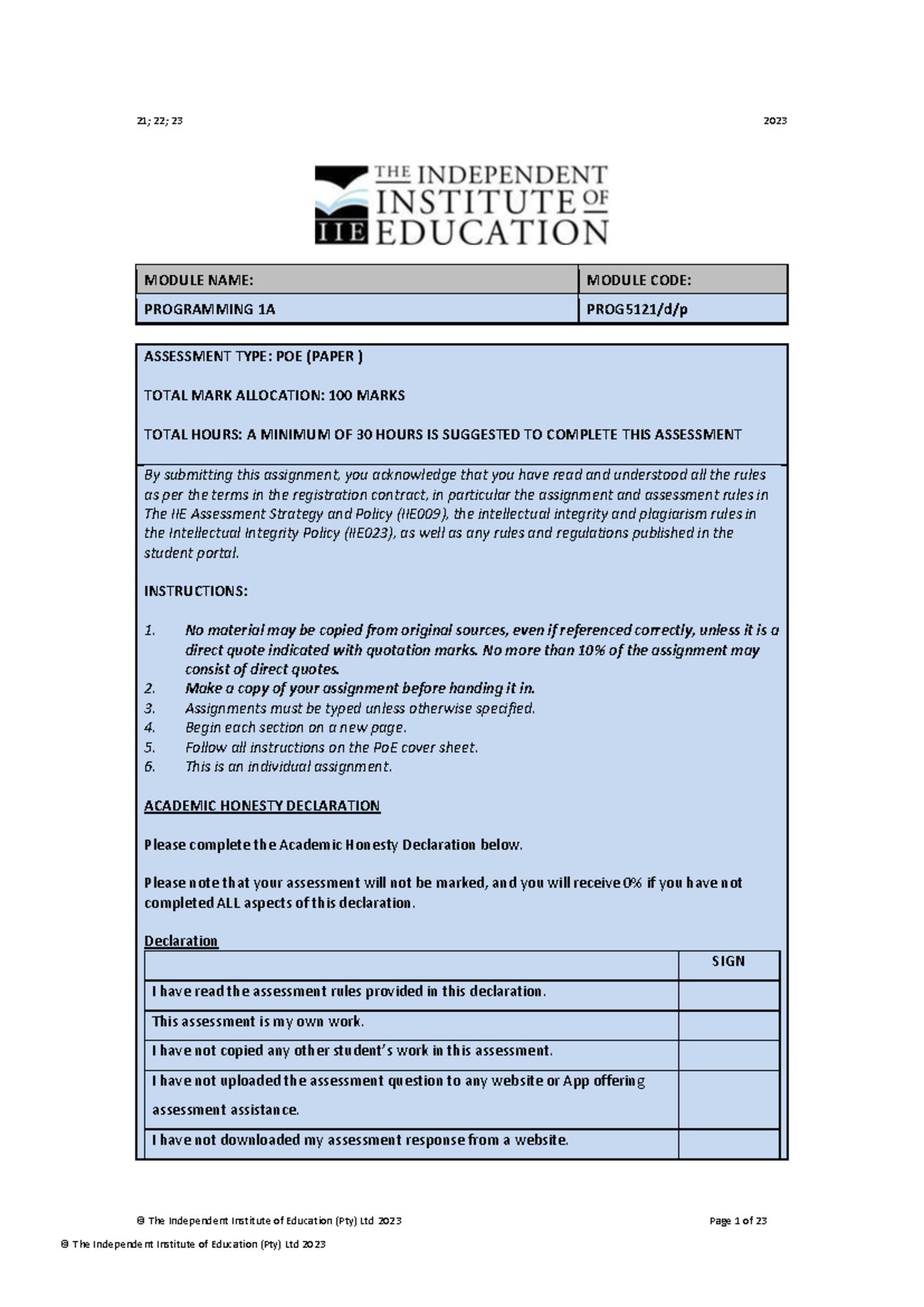 Final Exam POE Assignment for Programming 1A - PROG5121 - Studocu